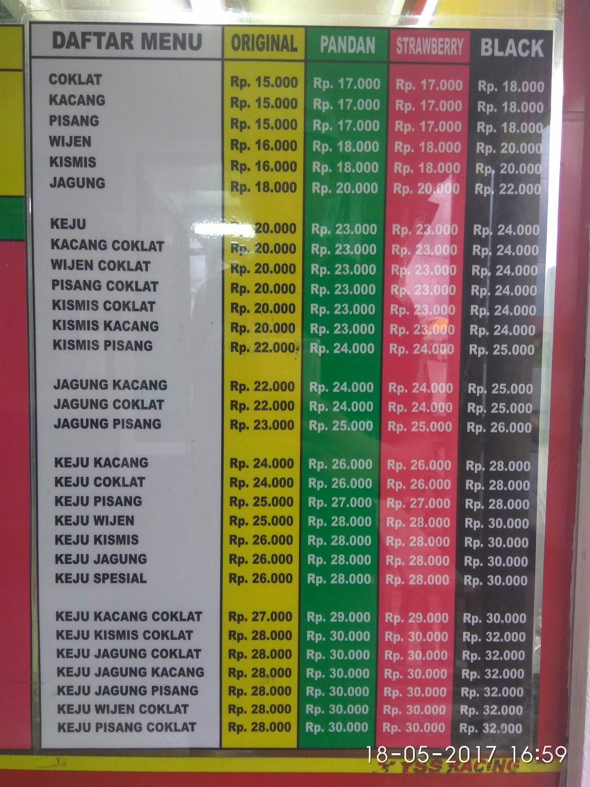 Carta del restaurante Martabak Bandung & Roti Bakar Bandung, Timika ...