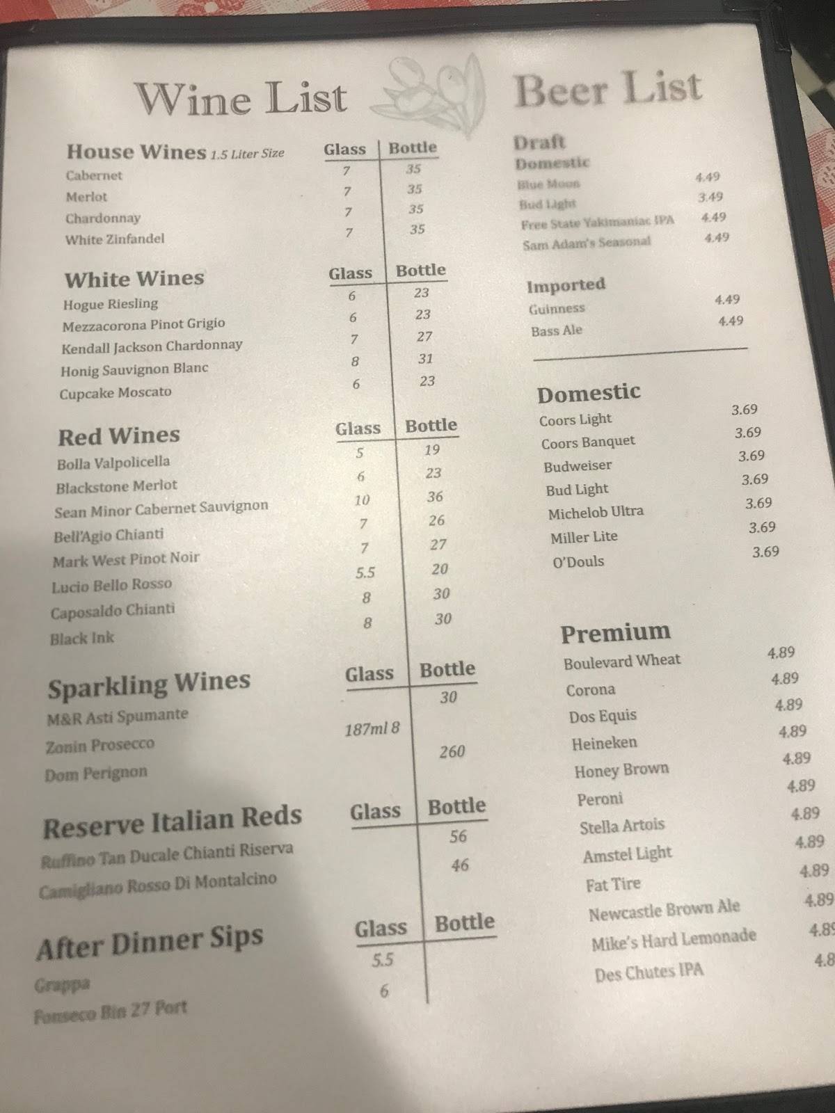 Menu at Martinelli's Little Italy restaurant, Salina