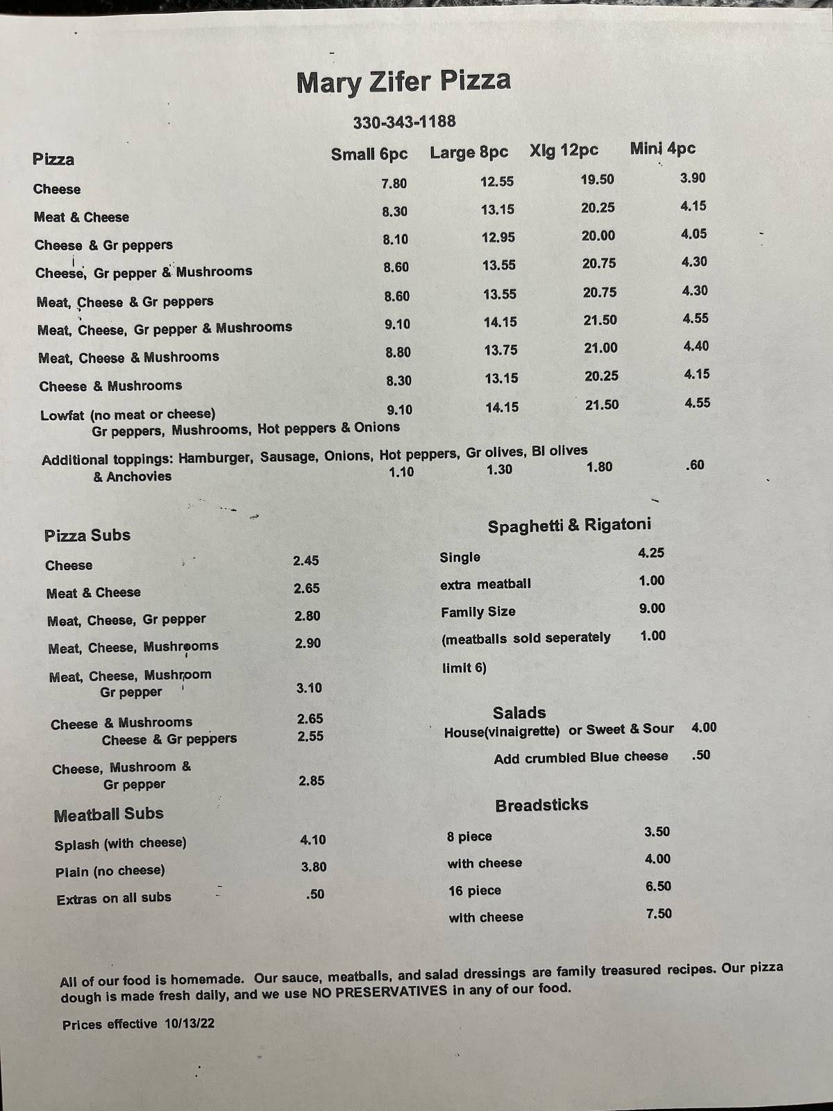Menu at Mary Zifer's Pizza in New Philly pizzeria, New Philadelphia
