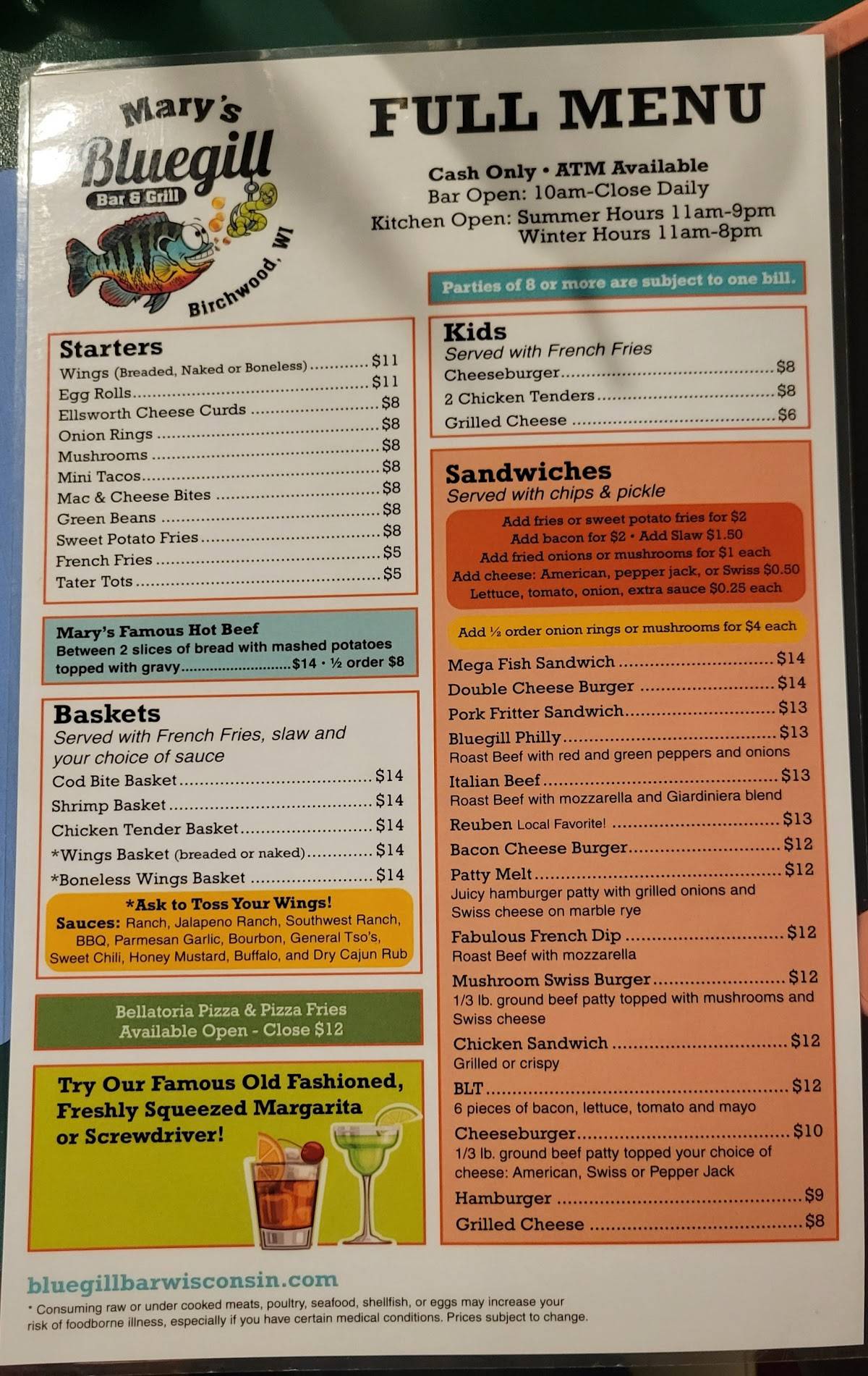 Menu at Mary's Bluegill Bar & Grill, Birchwood