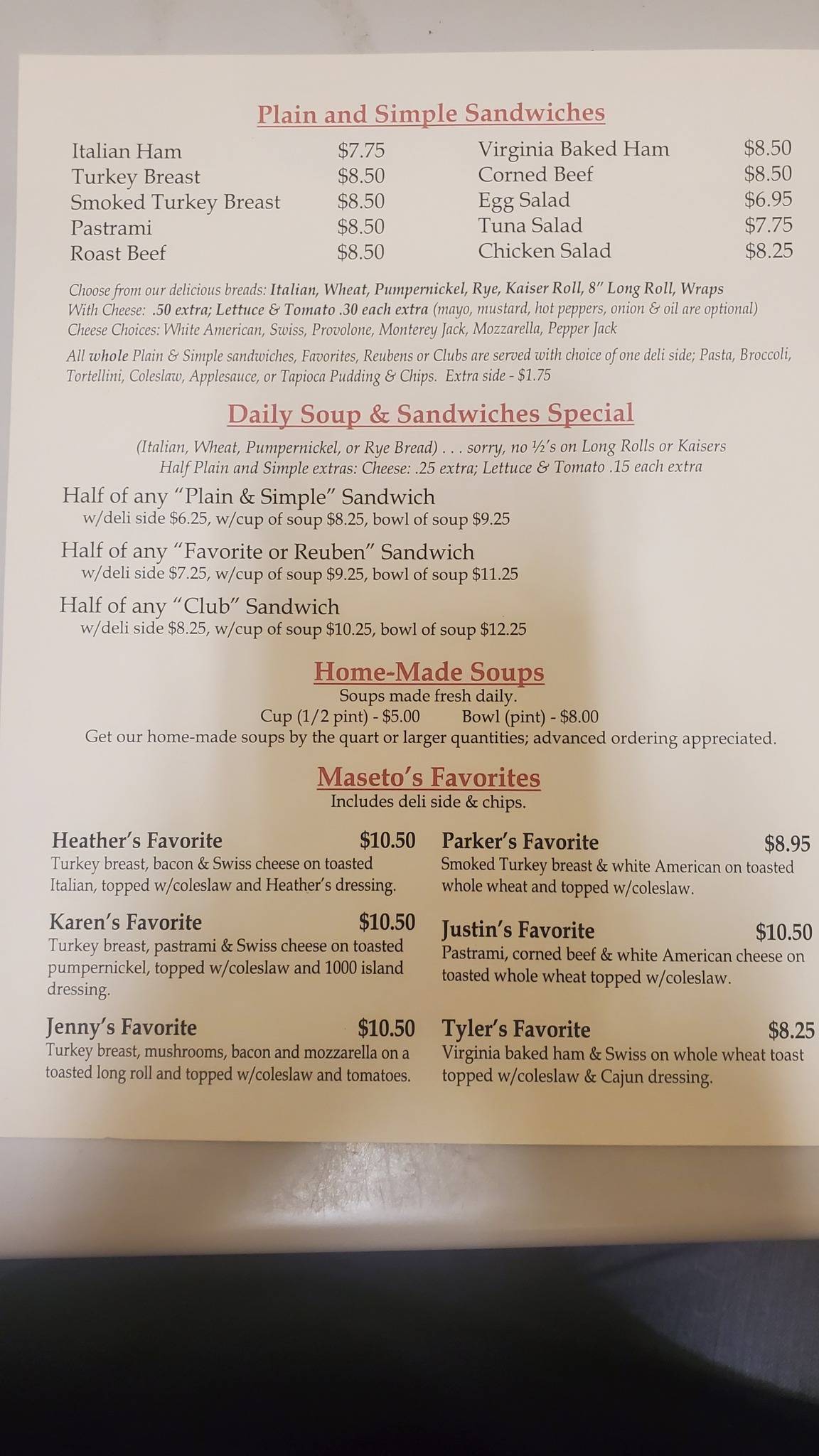 Menu at Maseto's restaurant, Williamsport, Kenwood Ave