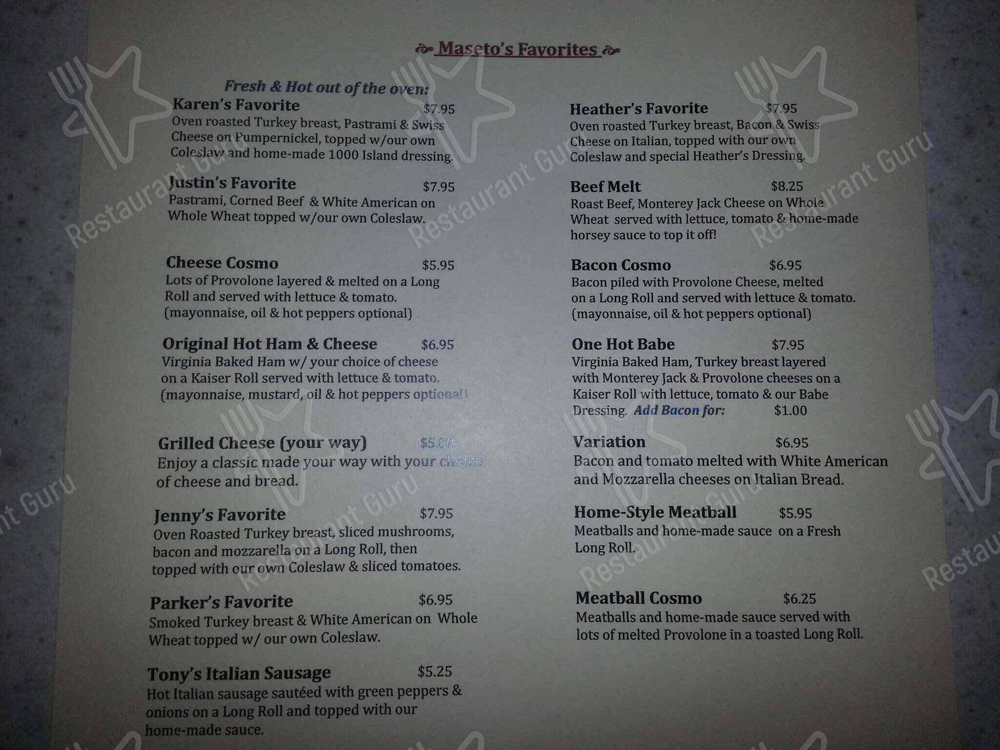 Menu at Maseto's restaurant, Williamsport, Kenwood Ave