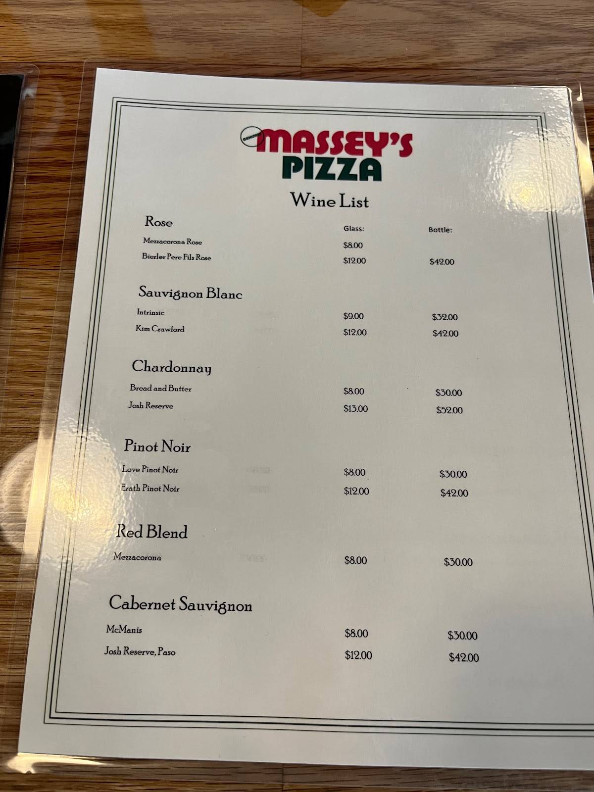 Menu at Massey's Pizza restaurant, Columbus, Olentangy River Rd