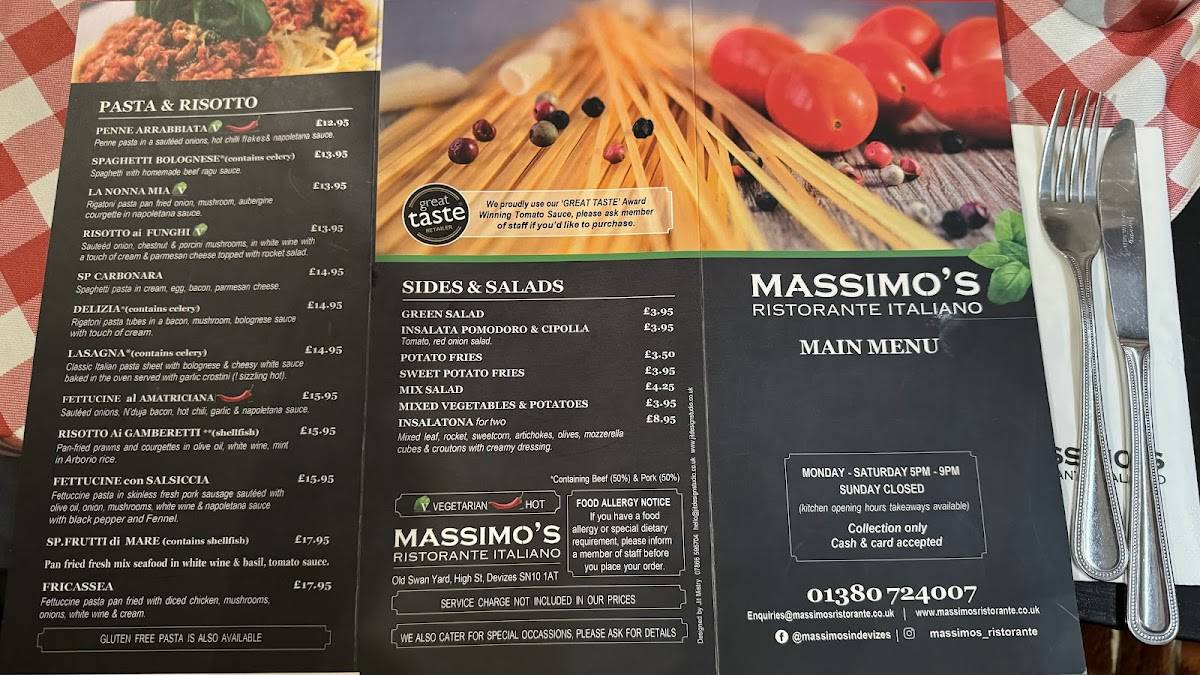 Menu at Massimo’s Ristorante Italiano restaurant, Devizes, Unit 6