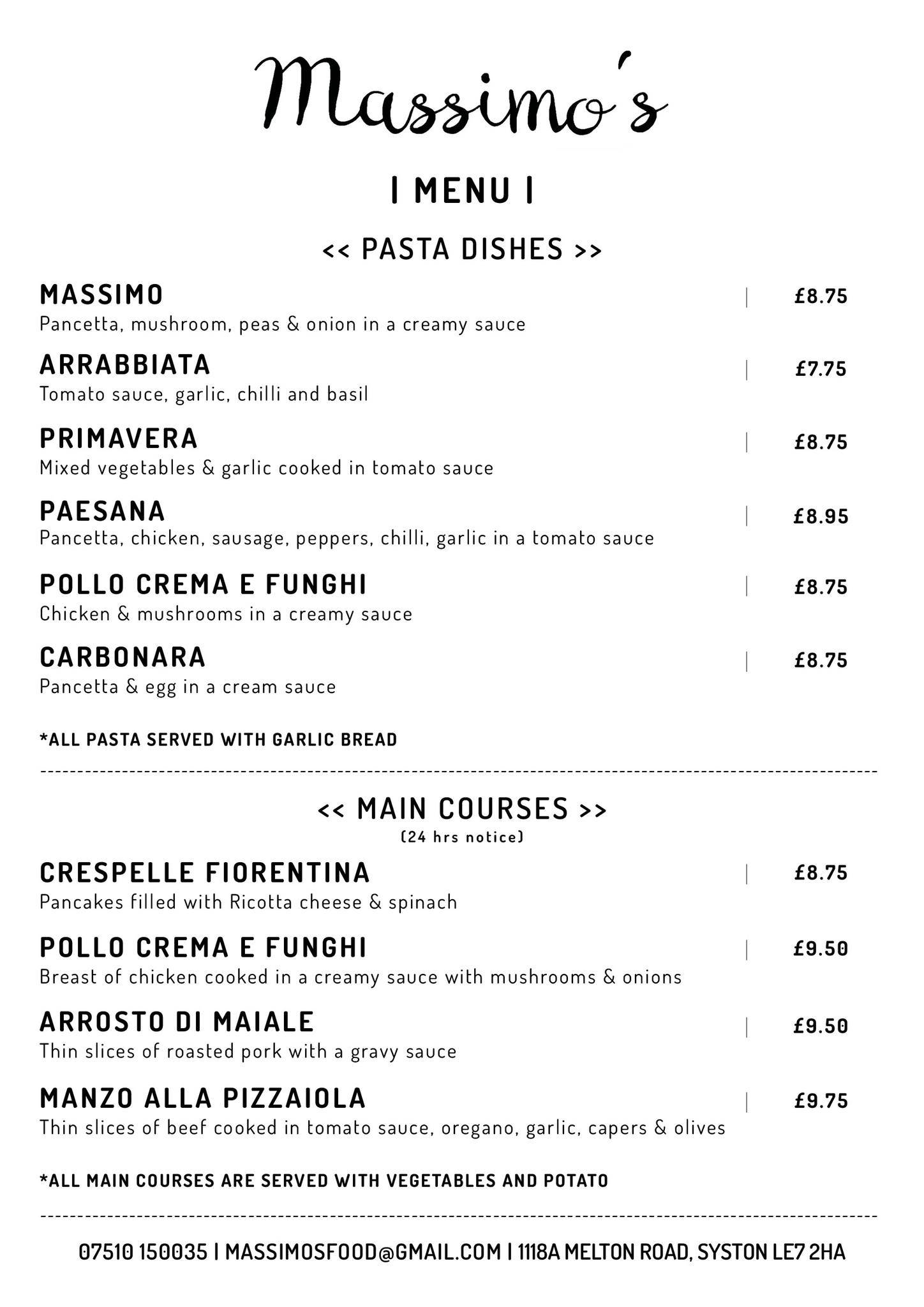 Menu at Massimo's pizzeria, Leicester