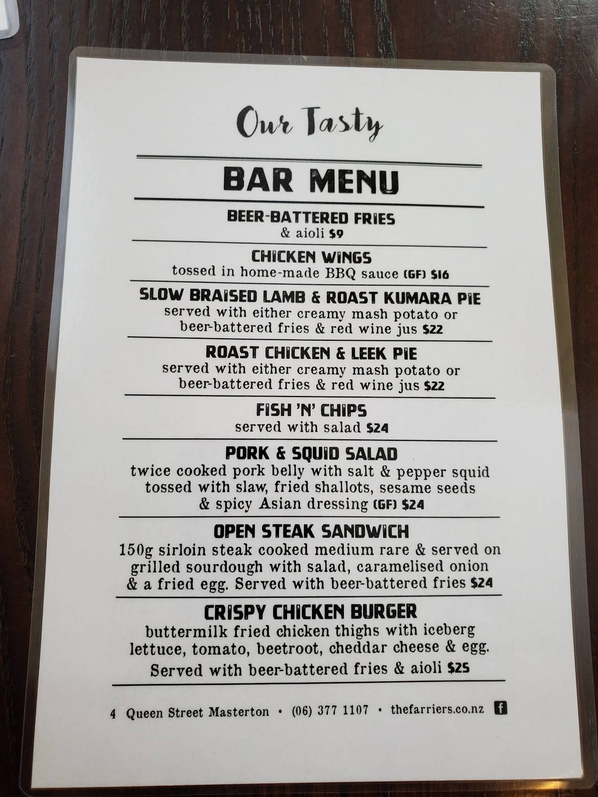 Menu at The Farriers Bar & Eatery, Masterton