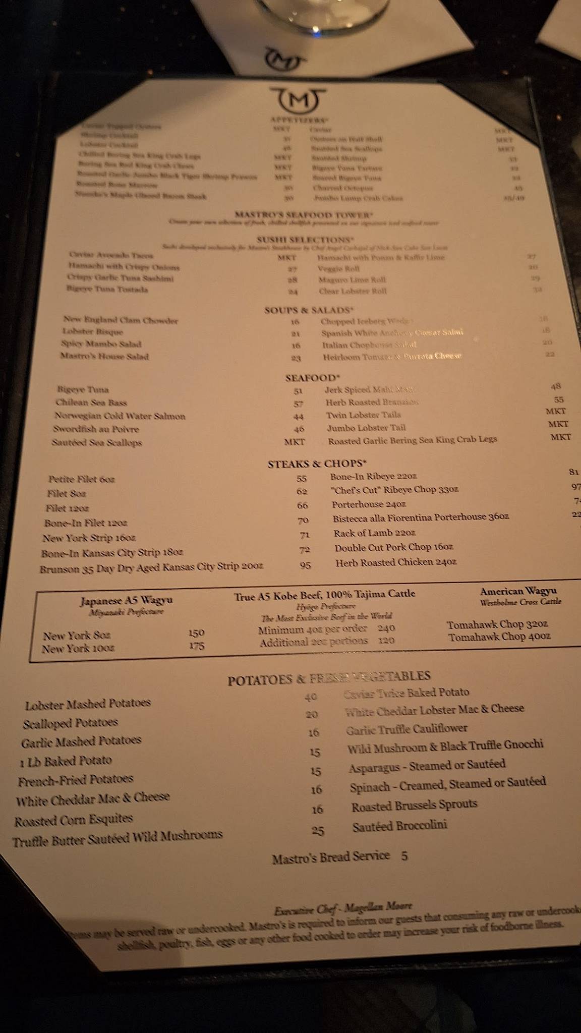 Menu at Mastro's Ocean Club, Newport Beach