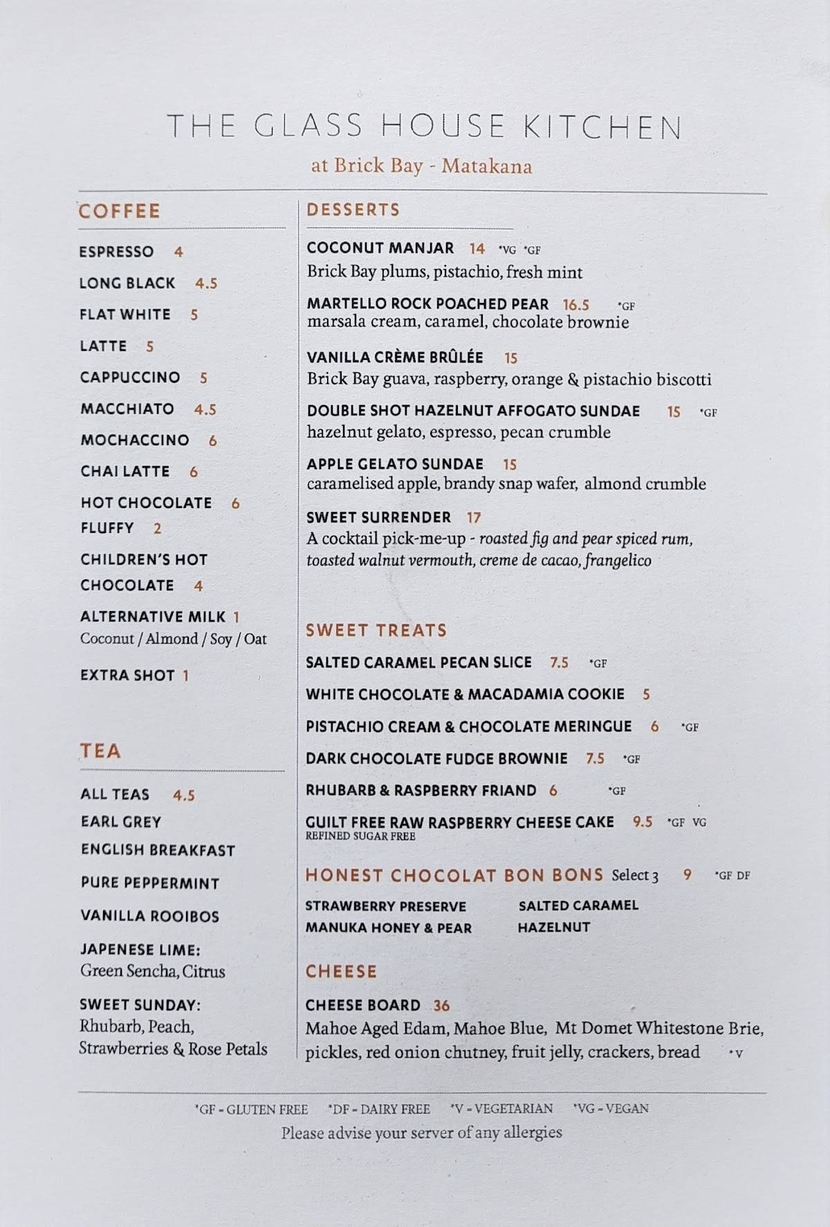 Menu at The Glass House restaurant, Snells Beach