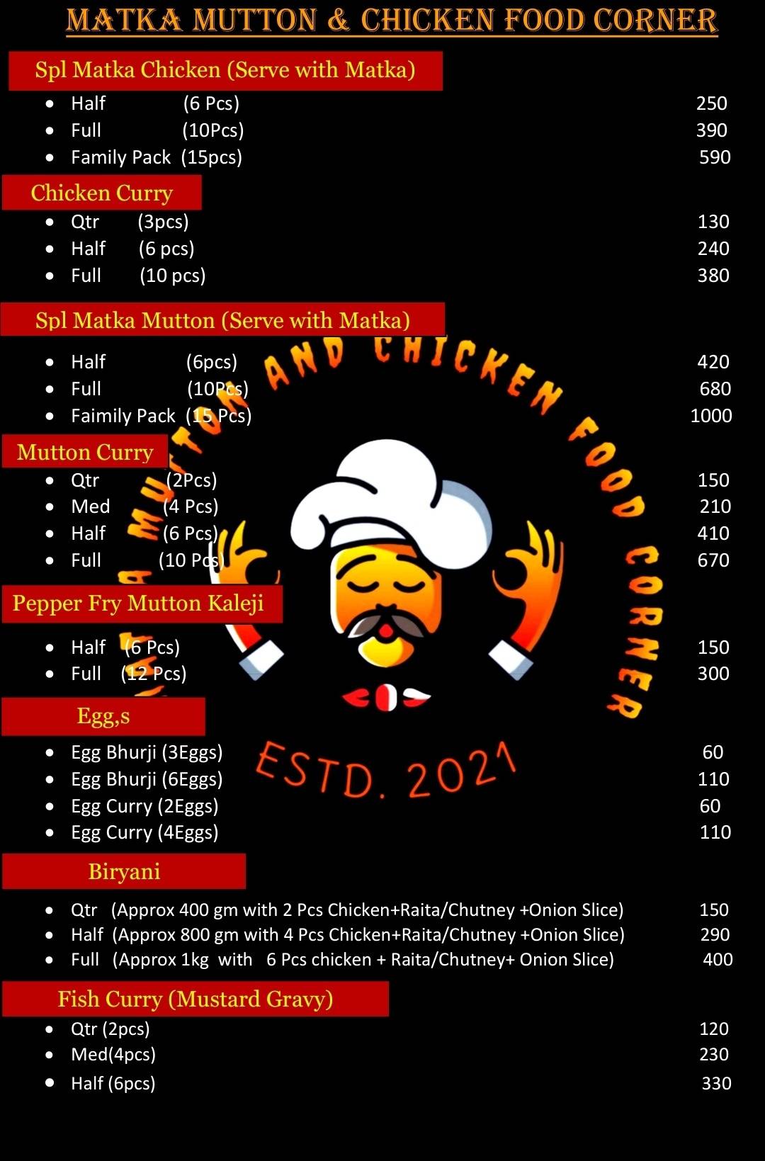 Menu at Matka Mutton and Chicken Food Corner, New Delhi