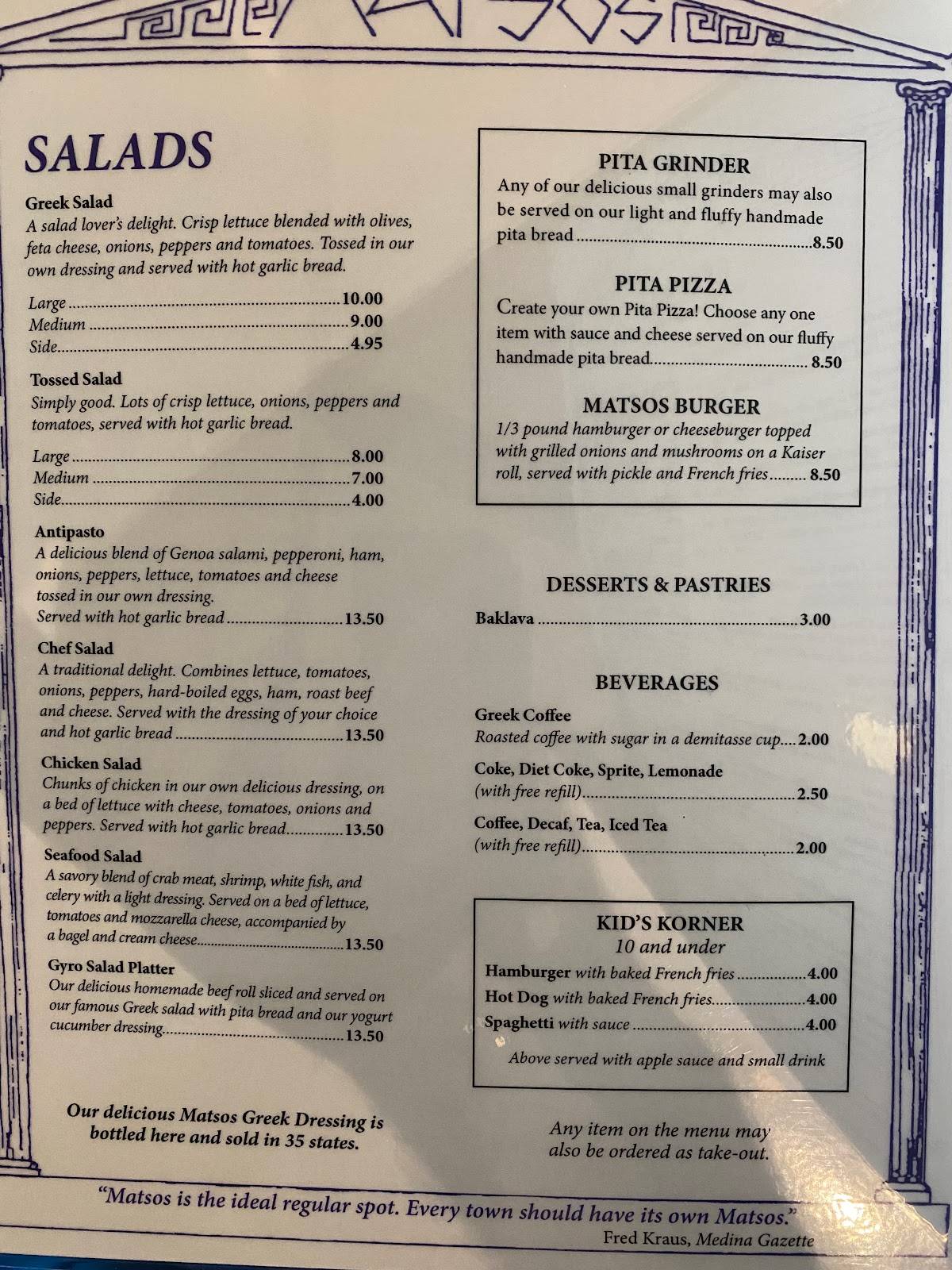 Menu at Matsos Family Restaurant, Wooster