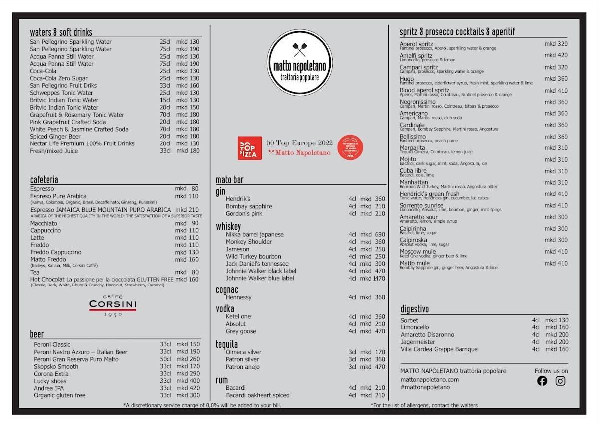 Menu at Matto Napoletano restaurant, Skopje