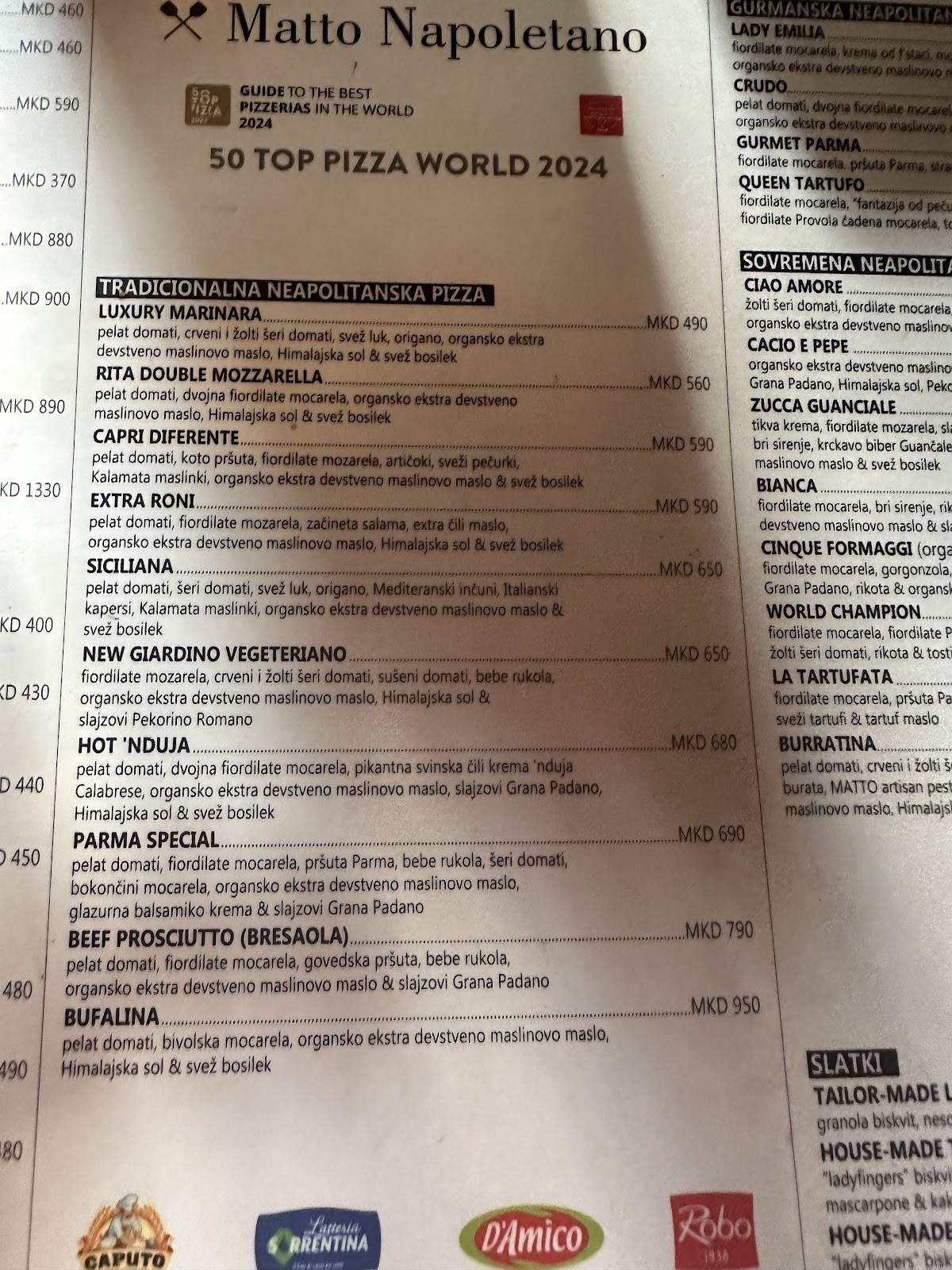 Menu at Matto Napoletano restaurant, Skopje