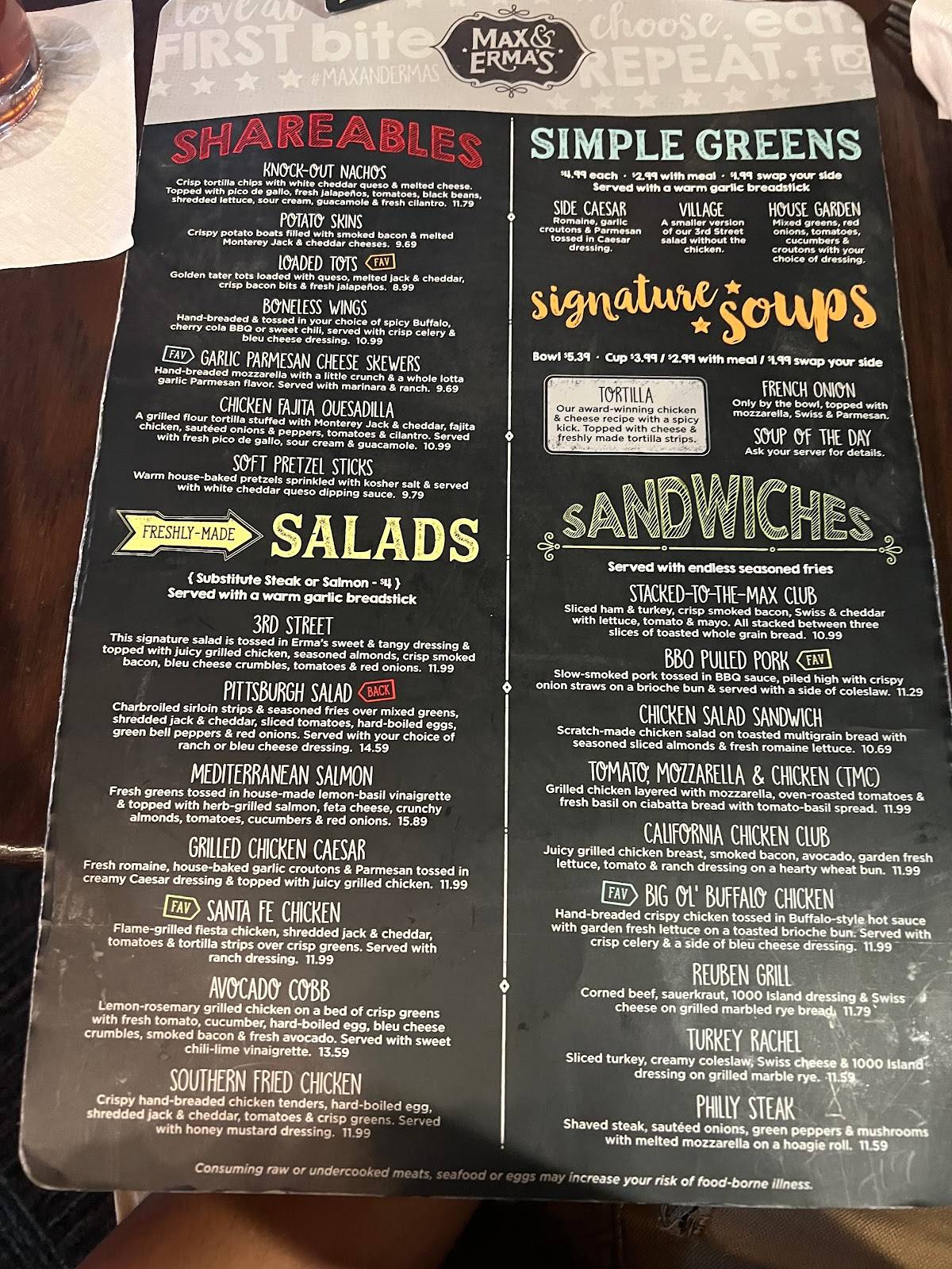 Menu at Max & Erma's restaurant, Cranberry Township, 936 Sheraton Dr
