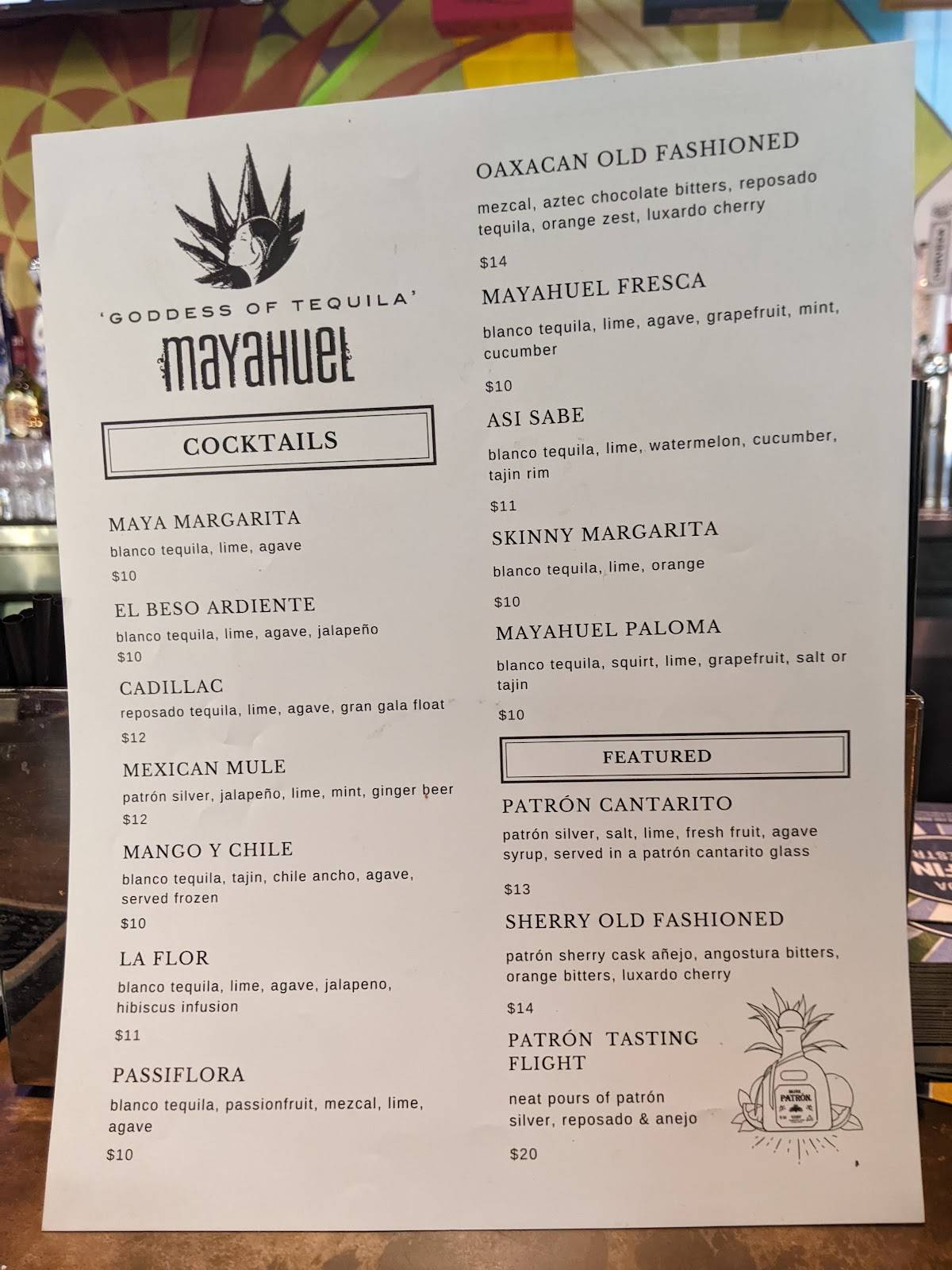 Menu at Mayahuel pub & bar, Sacramento