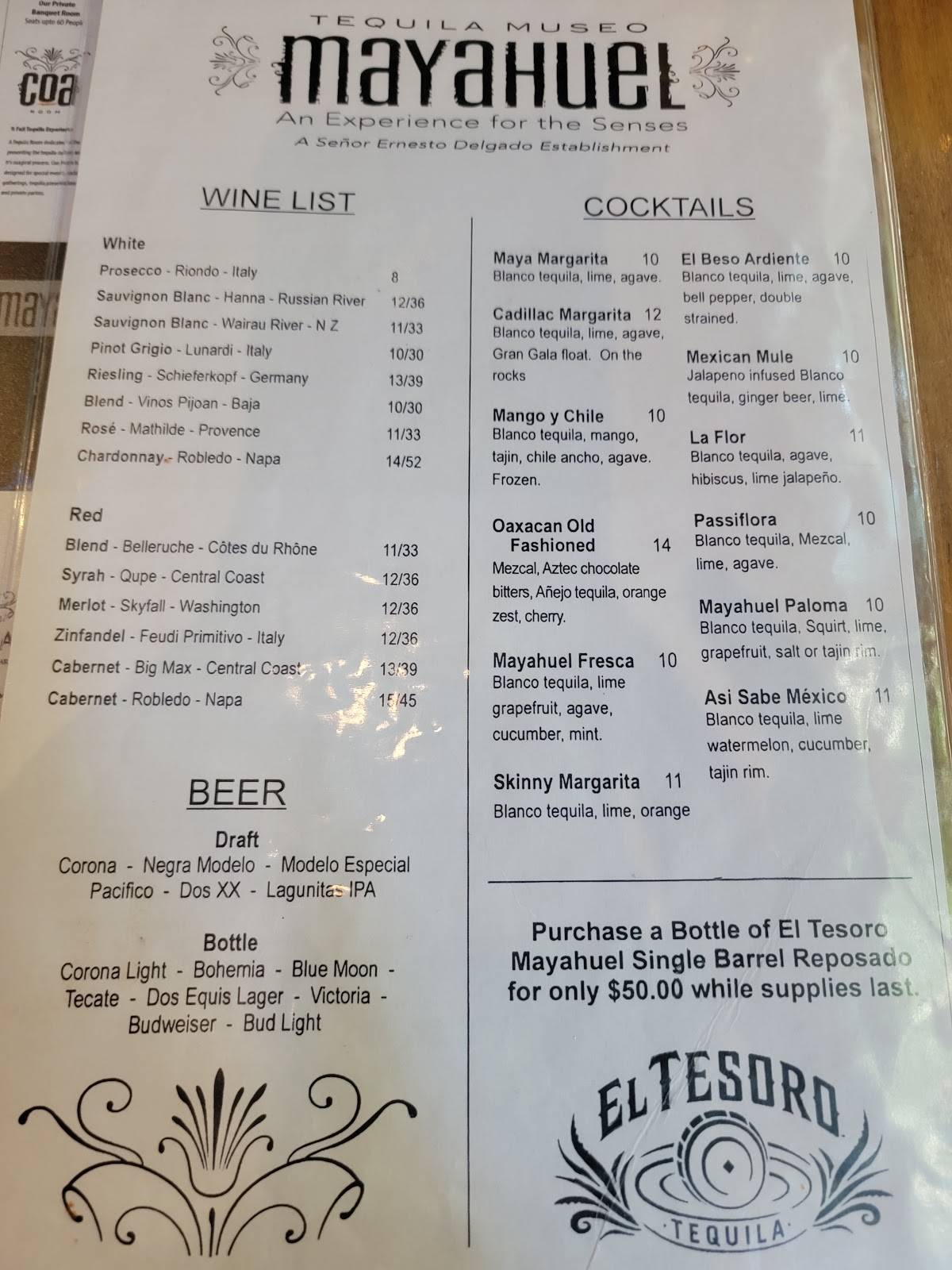 Menu at Mayahuel pub & bar, Sacramento
