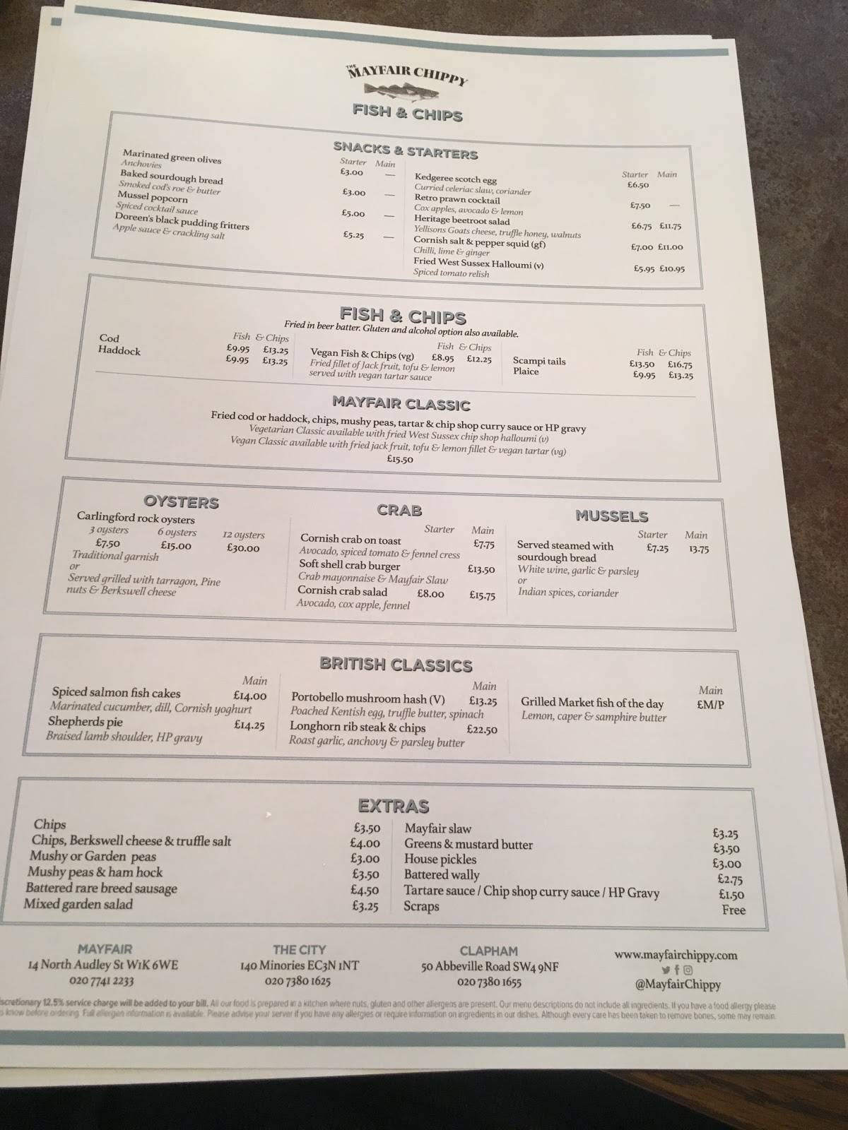 Carta del restaurante Mayfair Chippy - Clapham, Londres