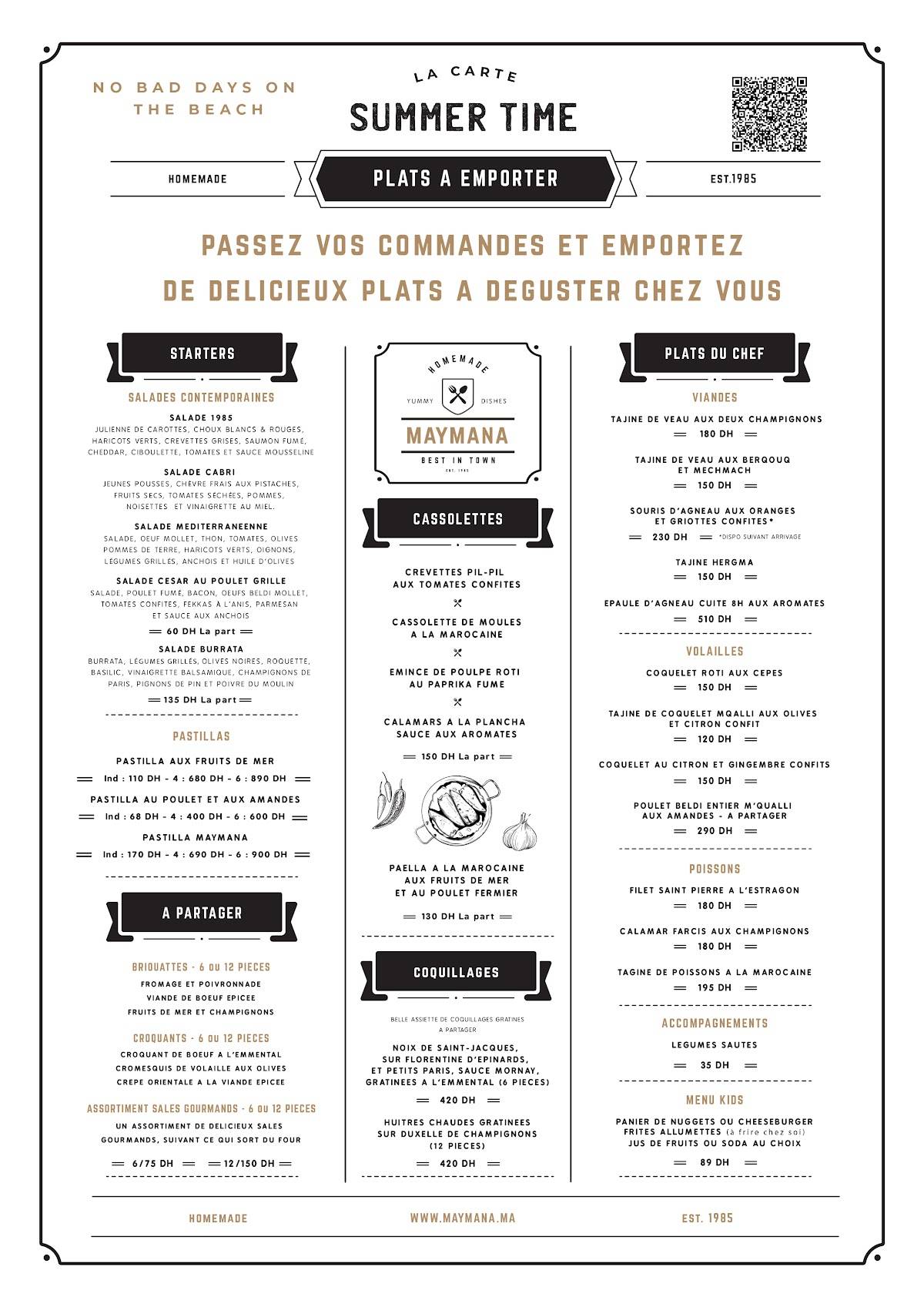 Menu au Maymana KABILA restaurant, Marina Smir