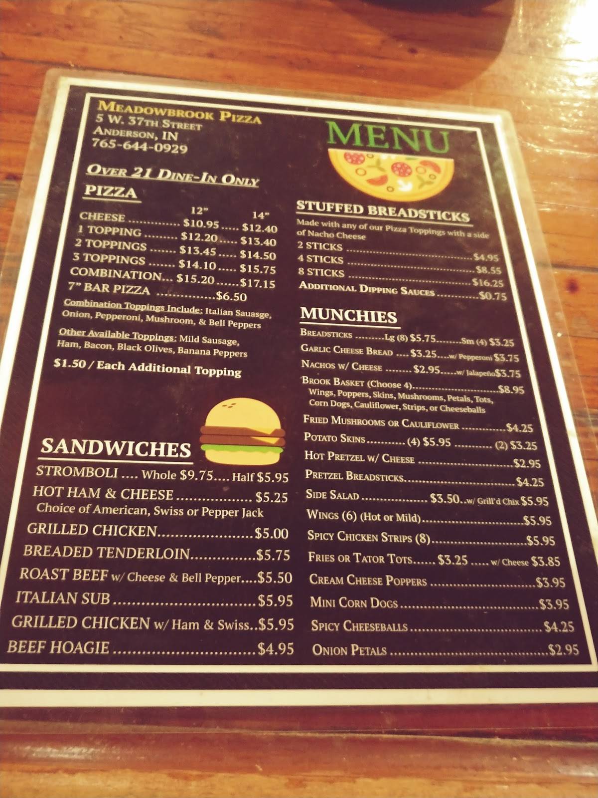 Menu at Meadowbrook Pizza pizzeria, Anderson