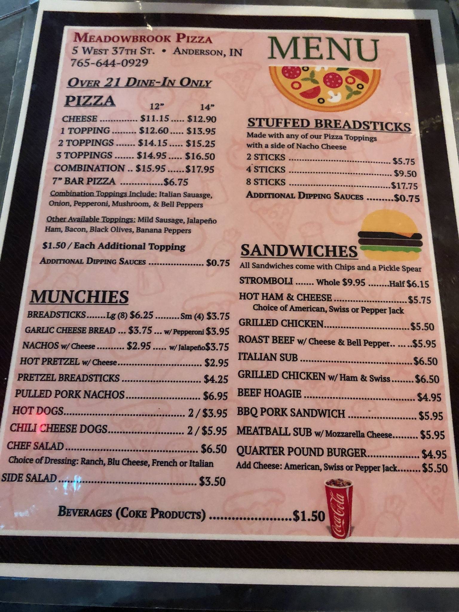 Menu at Meadowbrook Pizza pizzeria, Anderson