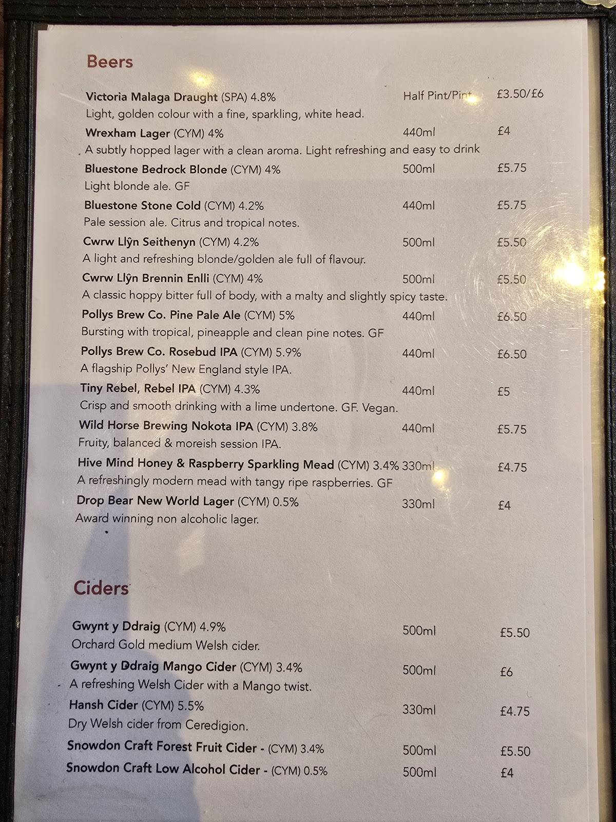 Menu at Medina restaurant, Aberystwyth
