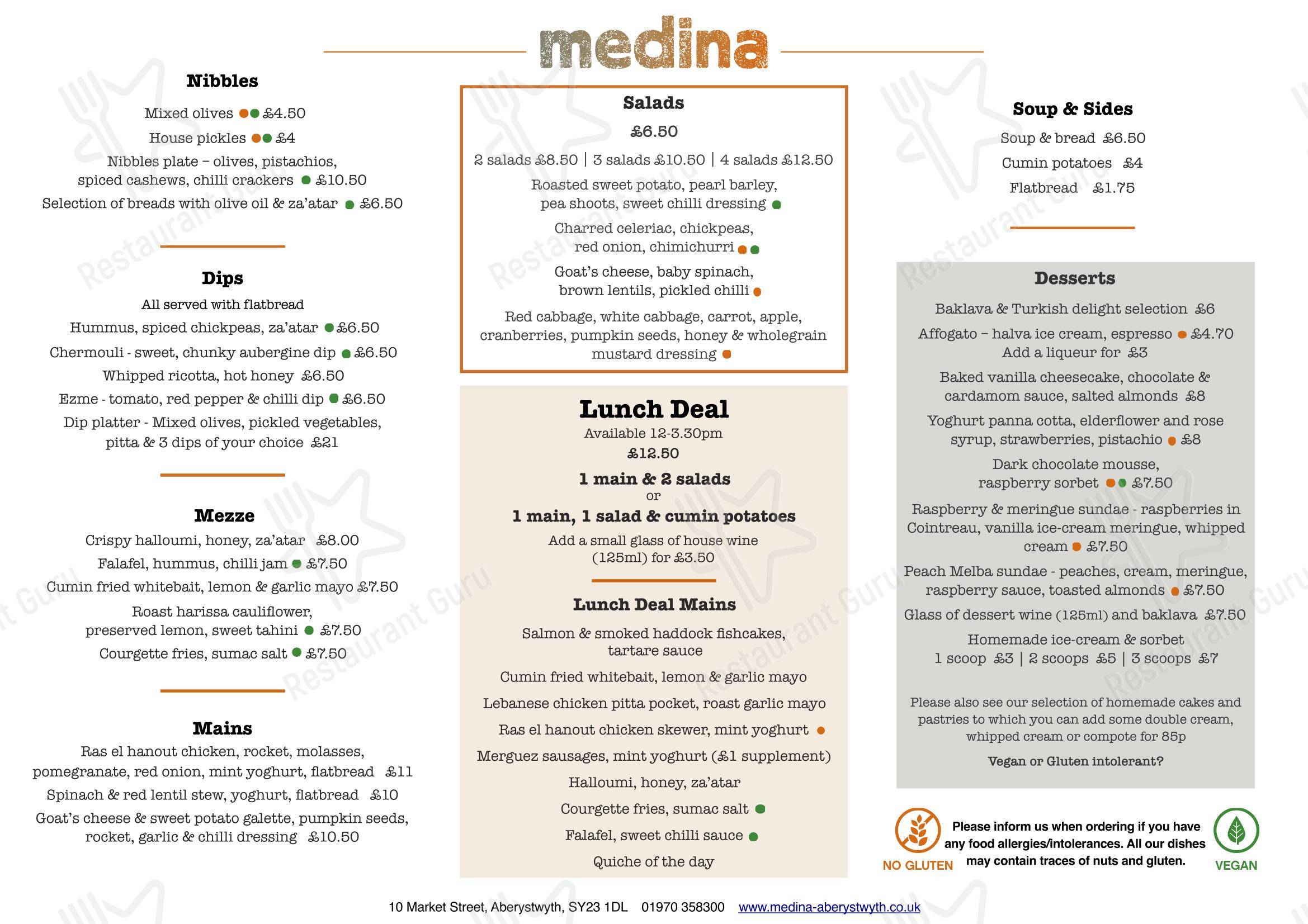 Menu at Medina restaurant, Aberystwyth