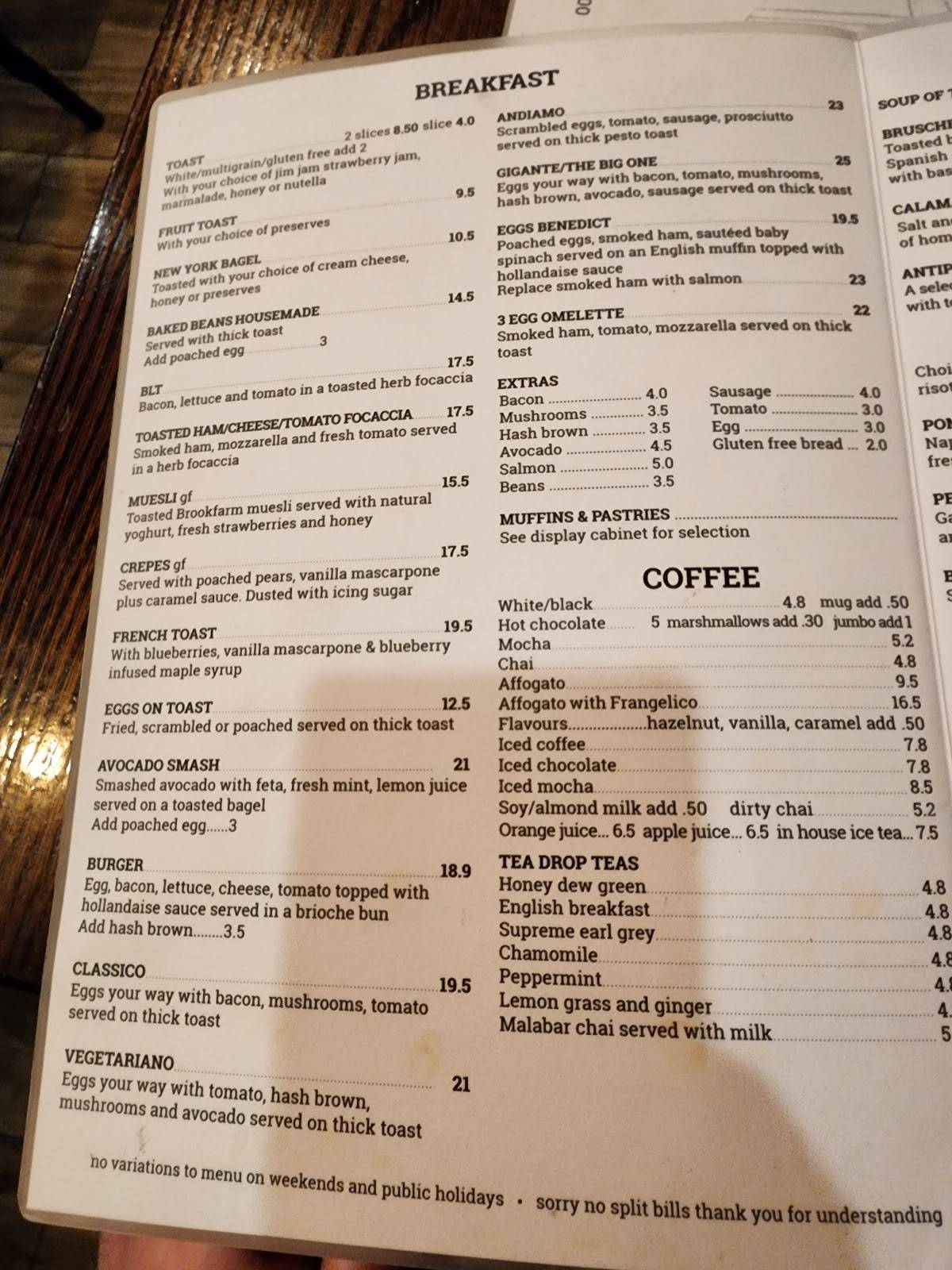 Menu at Cafe Andiamo, Melbourne