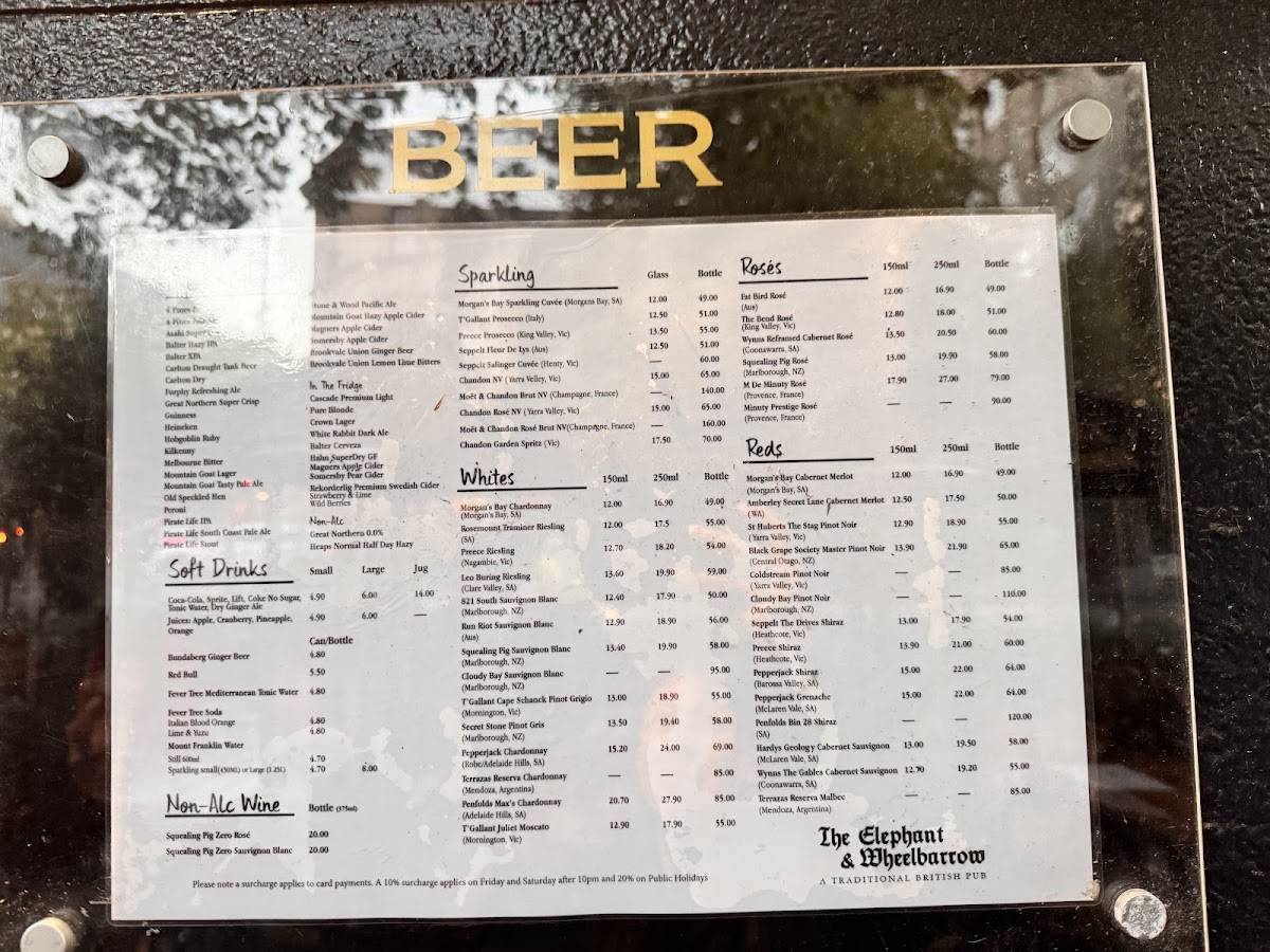 Menu at The Elephant & Wheelbarrow, Melbourne, 94-96 Bourke St