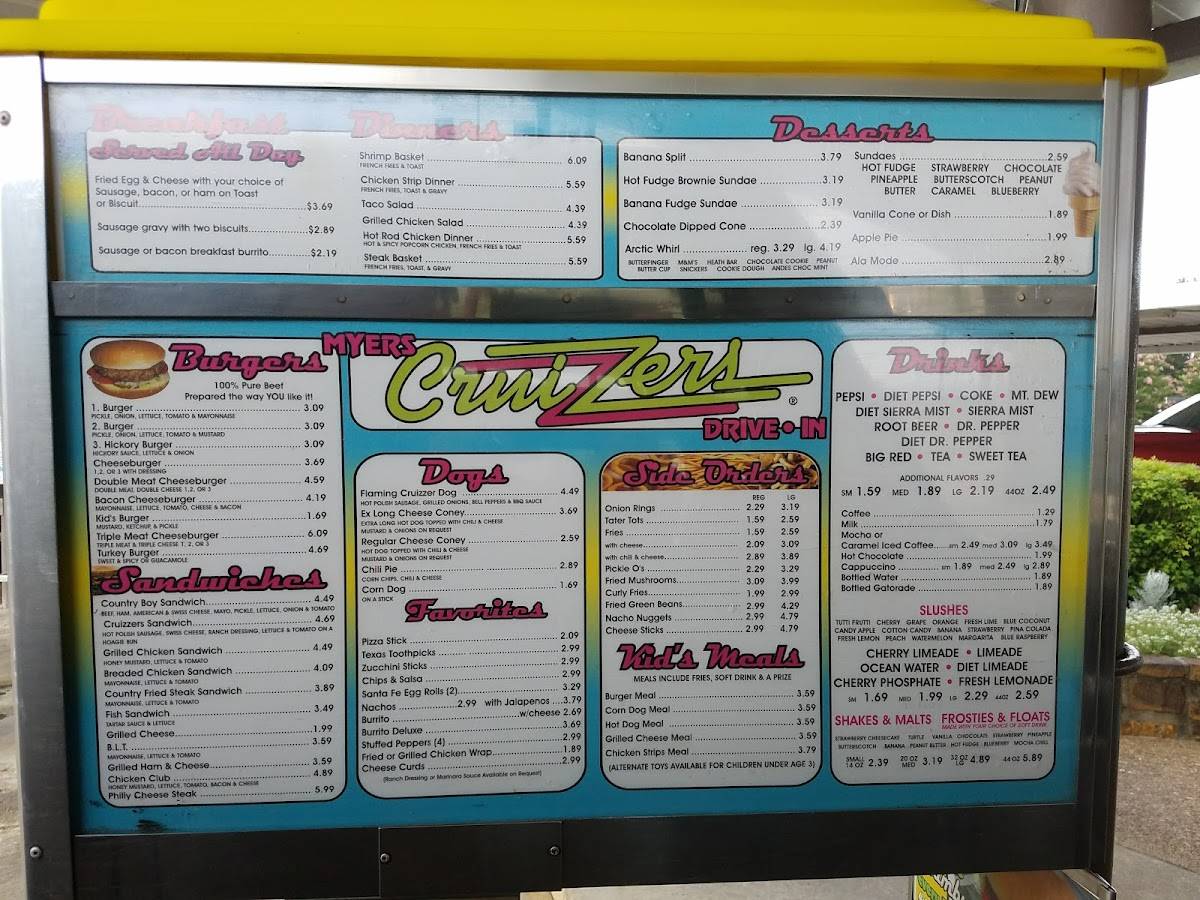 Menu at Myers Cruizzers Drive-In restaurant, Mena, 409 U. S. Hwy 71