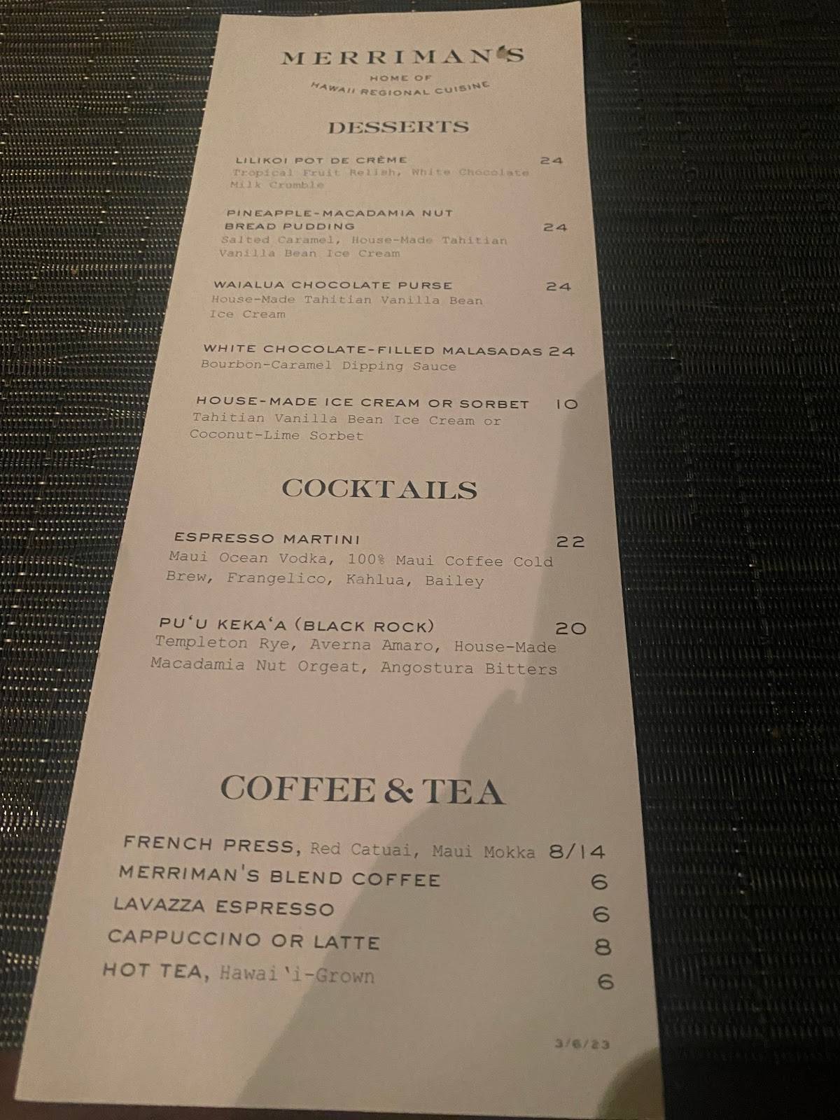 Menu at Merriman's Kapalua pub & bar, Kapalua