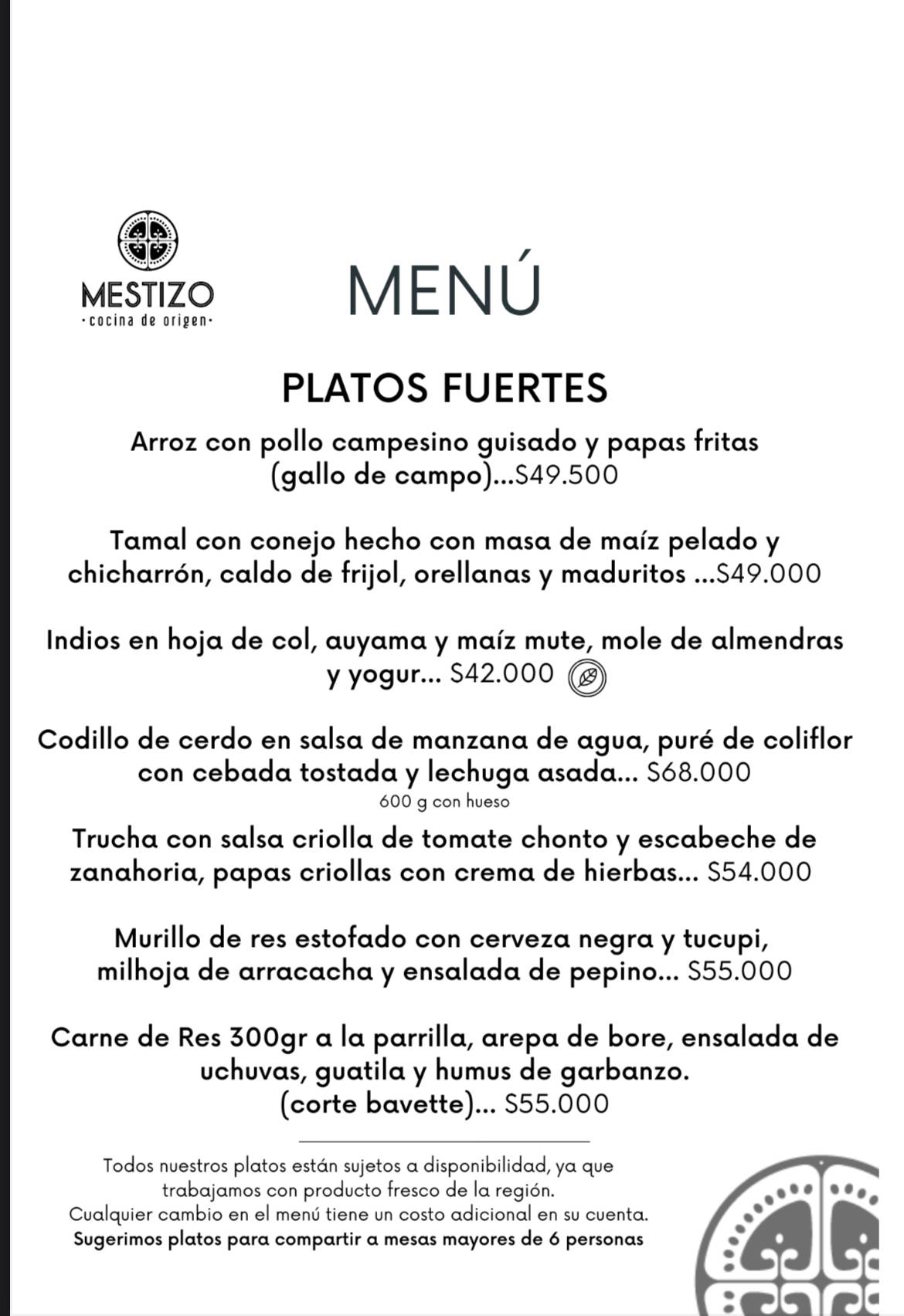 Carta de Mestizo Cocina De Origen, restaurante, Mesitas del Colegio