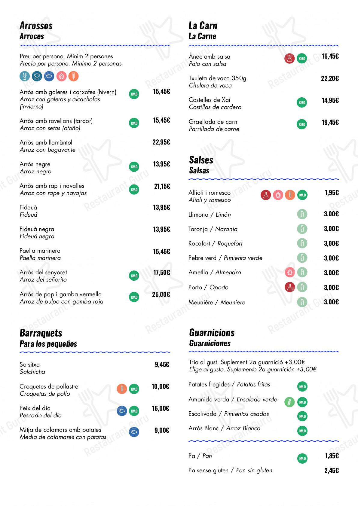 Carta de Restaurant La Barraca, La Ampolla