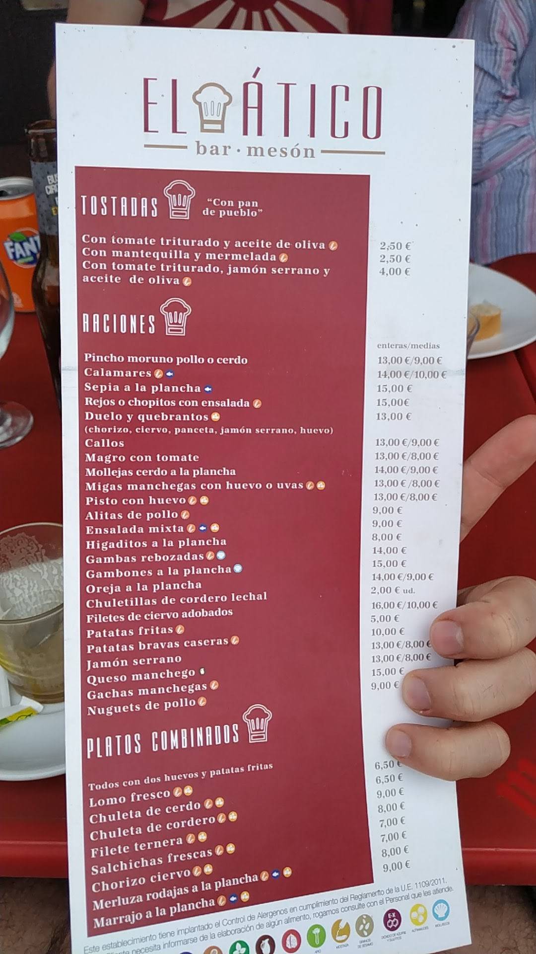 Menu at Mesón "El Ático" pub & bar, Puerto Lápice, C. Cervantes