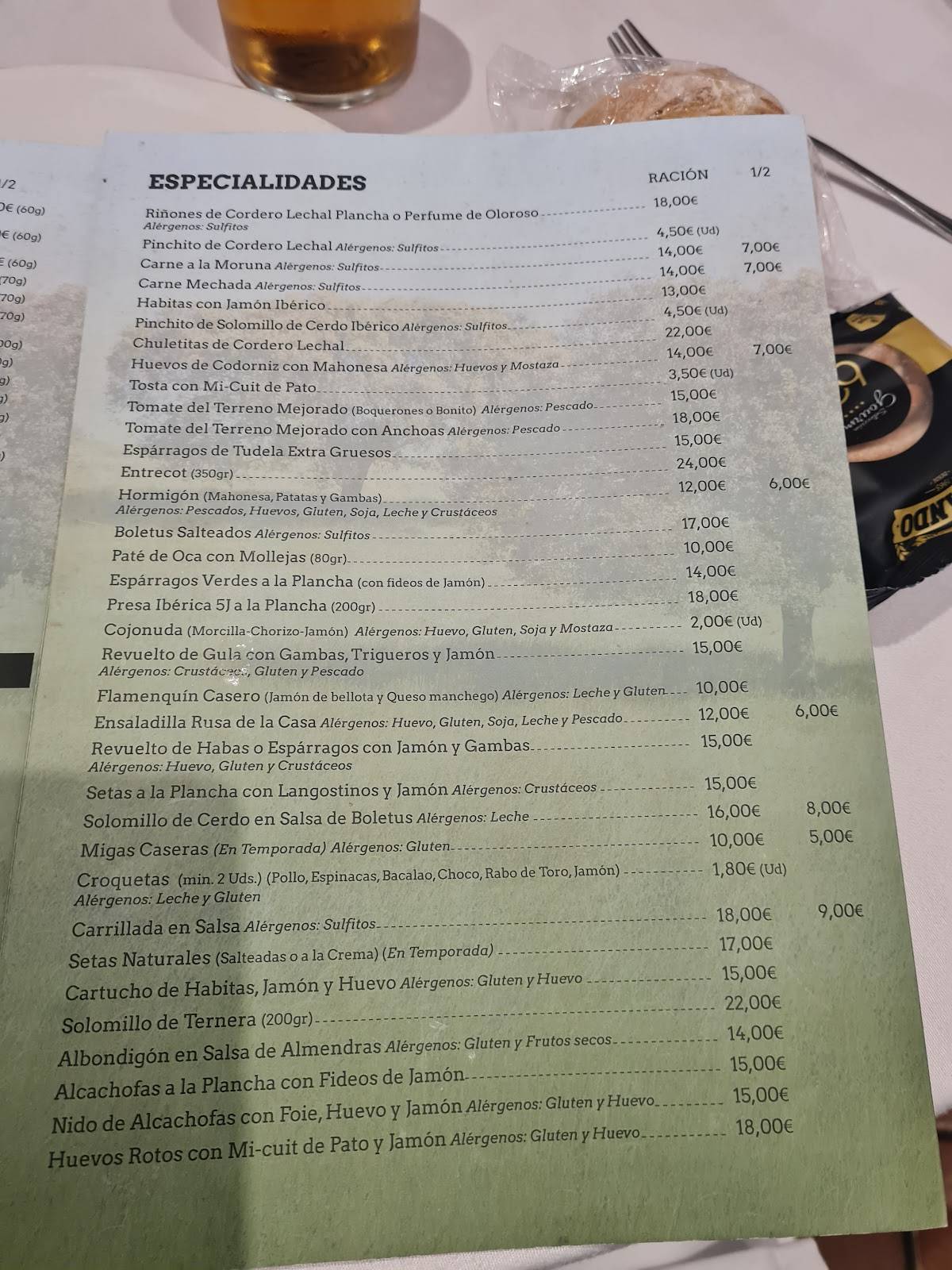 Menu at Mesón Ibérico restaurant, Málaga, C. San Lorenzo