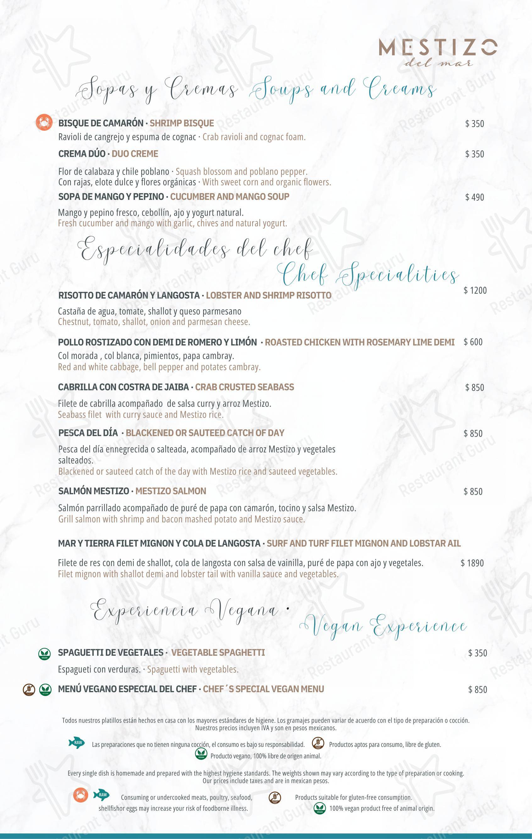 Menu at Mestizo del Mar restaurant, Cabo Bello