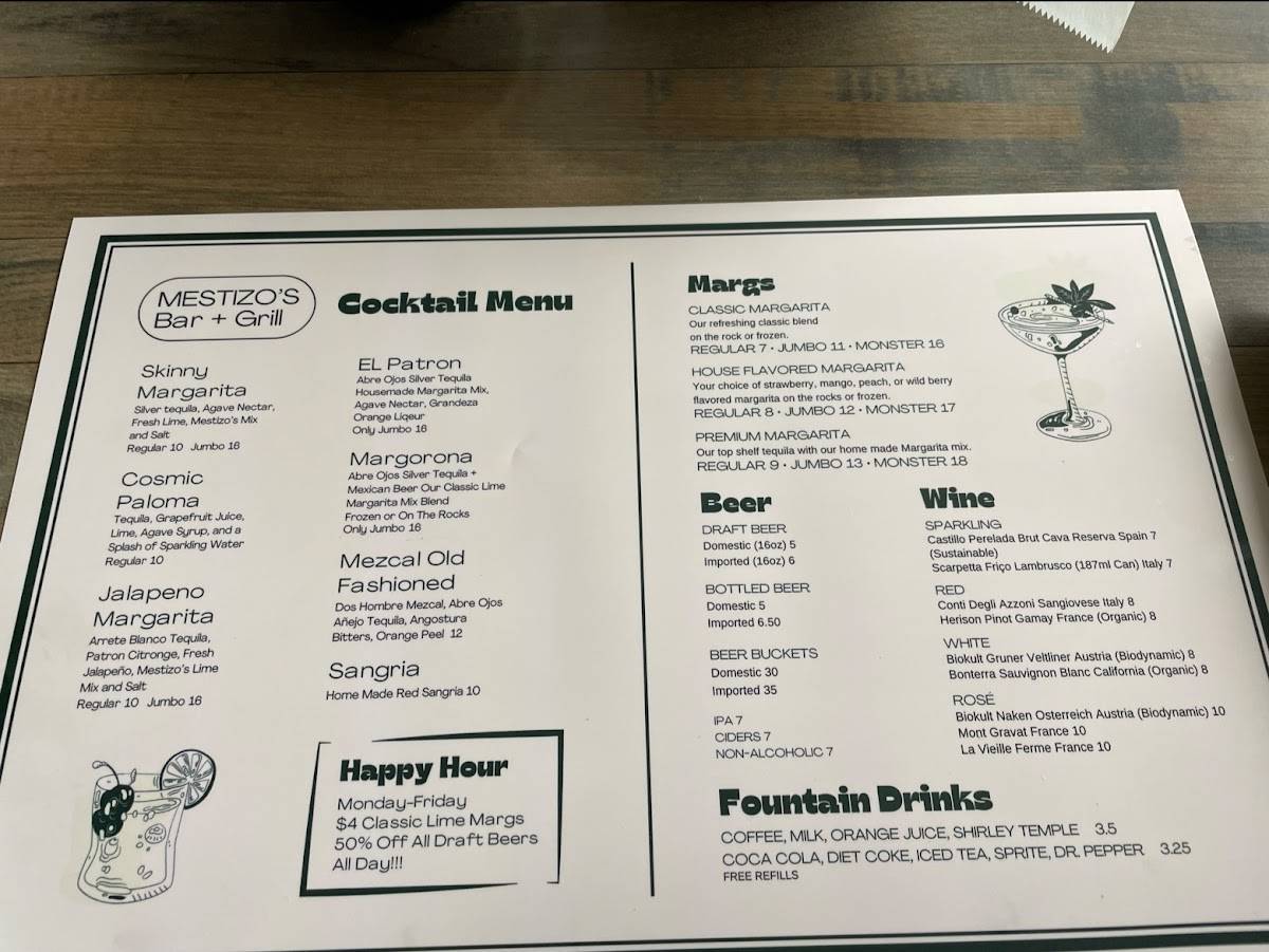 Menu at Mestizo's Mexican Cuisine restaurant, Nashville