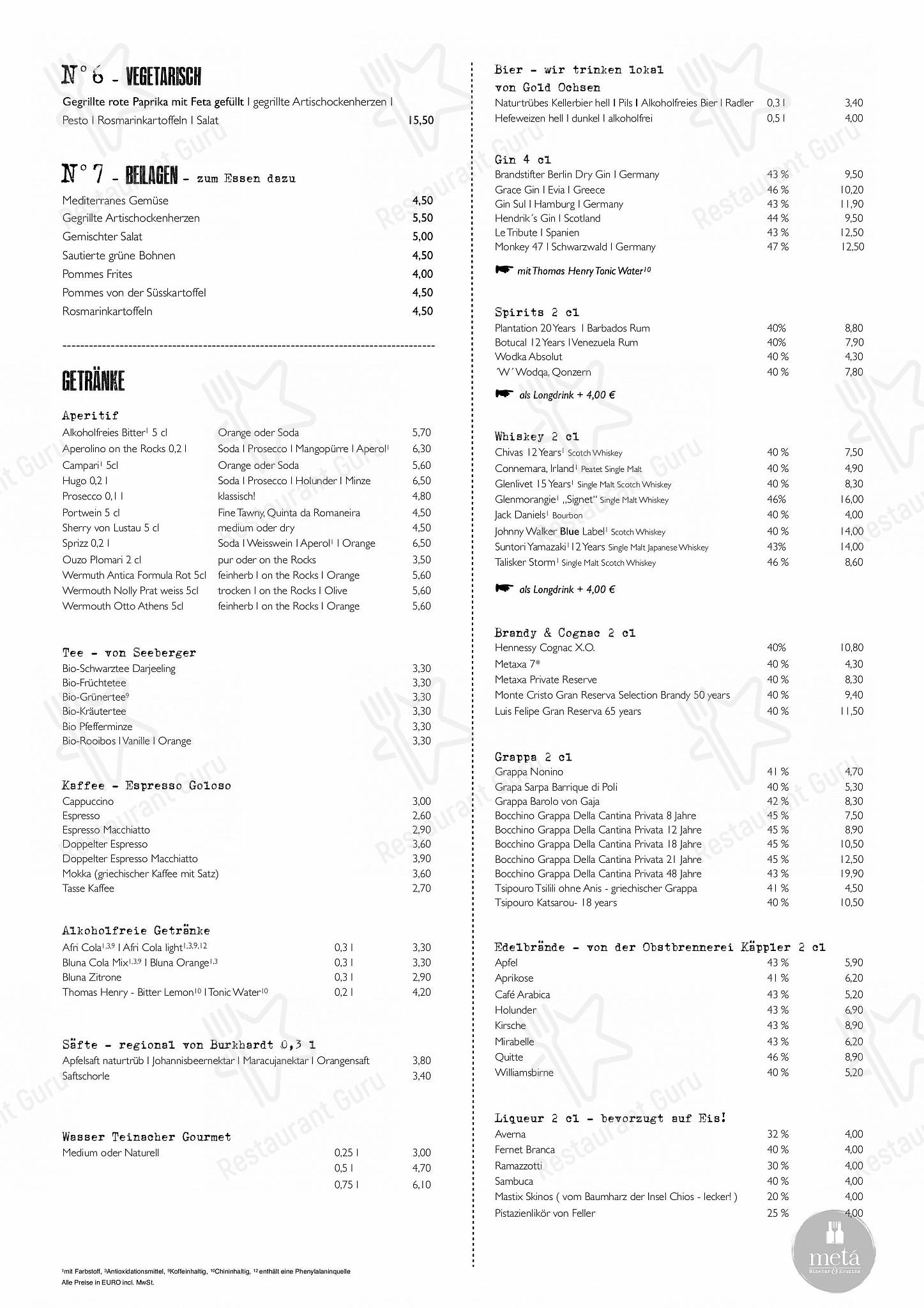 Speisekarte von Metá pub & Bar, Ulm, Platzgasse 20