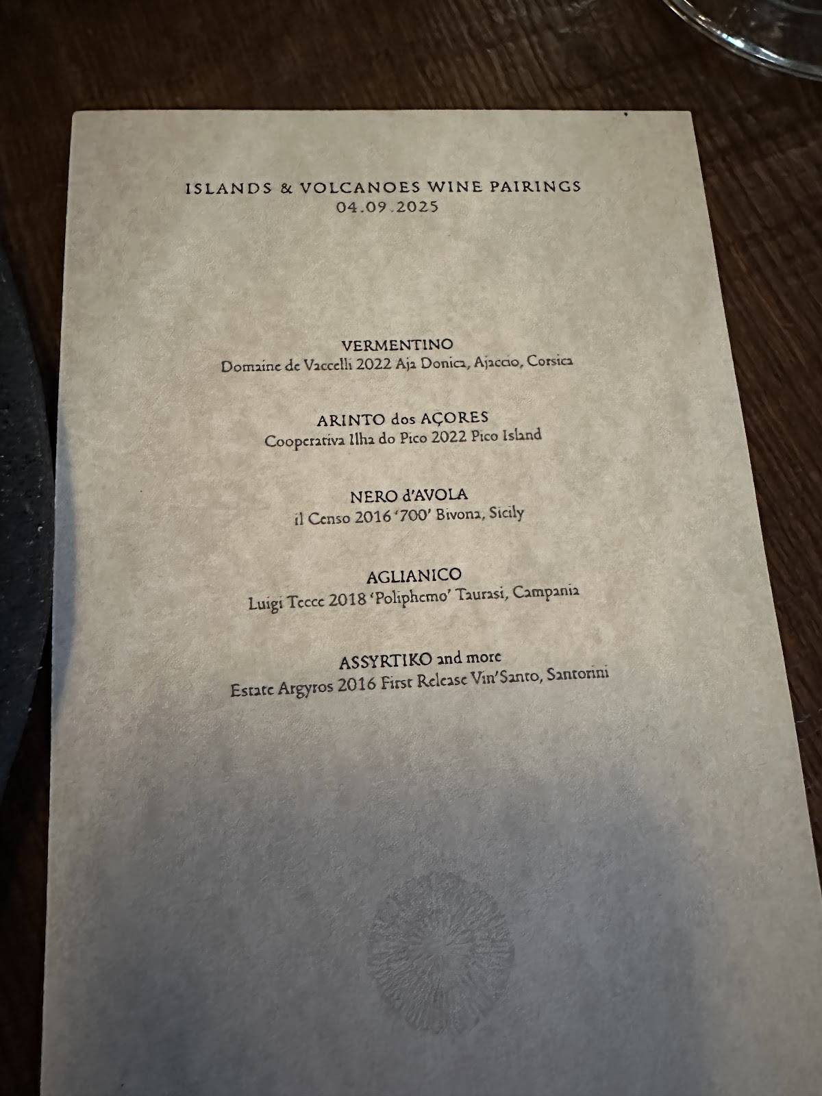 Menu at Meteora restaurant, Los Angeles