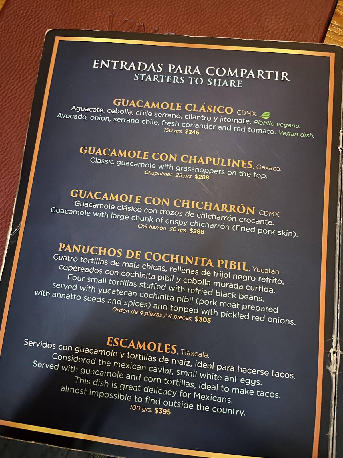Carta del restaurante Azul Histórico, Ciudad del México