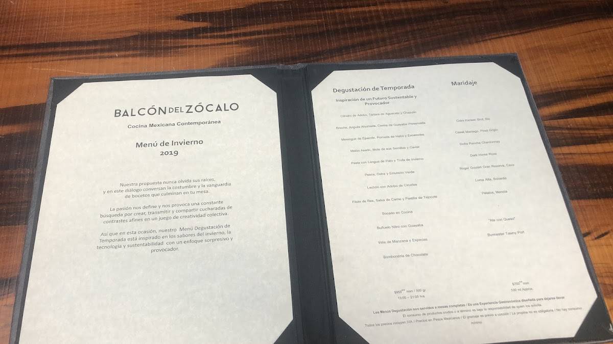 Carta del restaurante El Balcón del Zócalo, Ciudad del México, 5 De Mayo 61