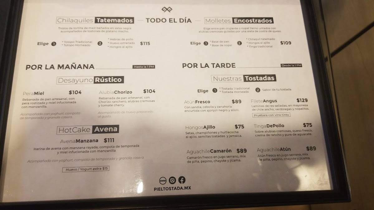 Carta del restaurante Piel Tostada, Ciudad del México