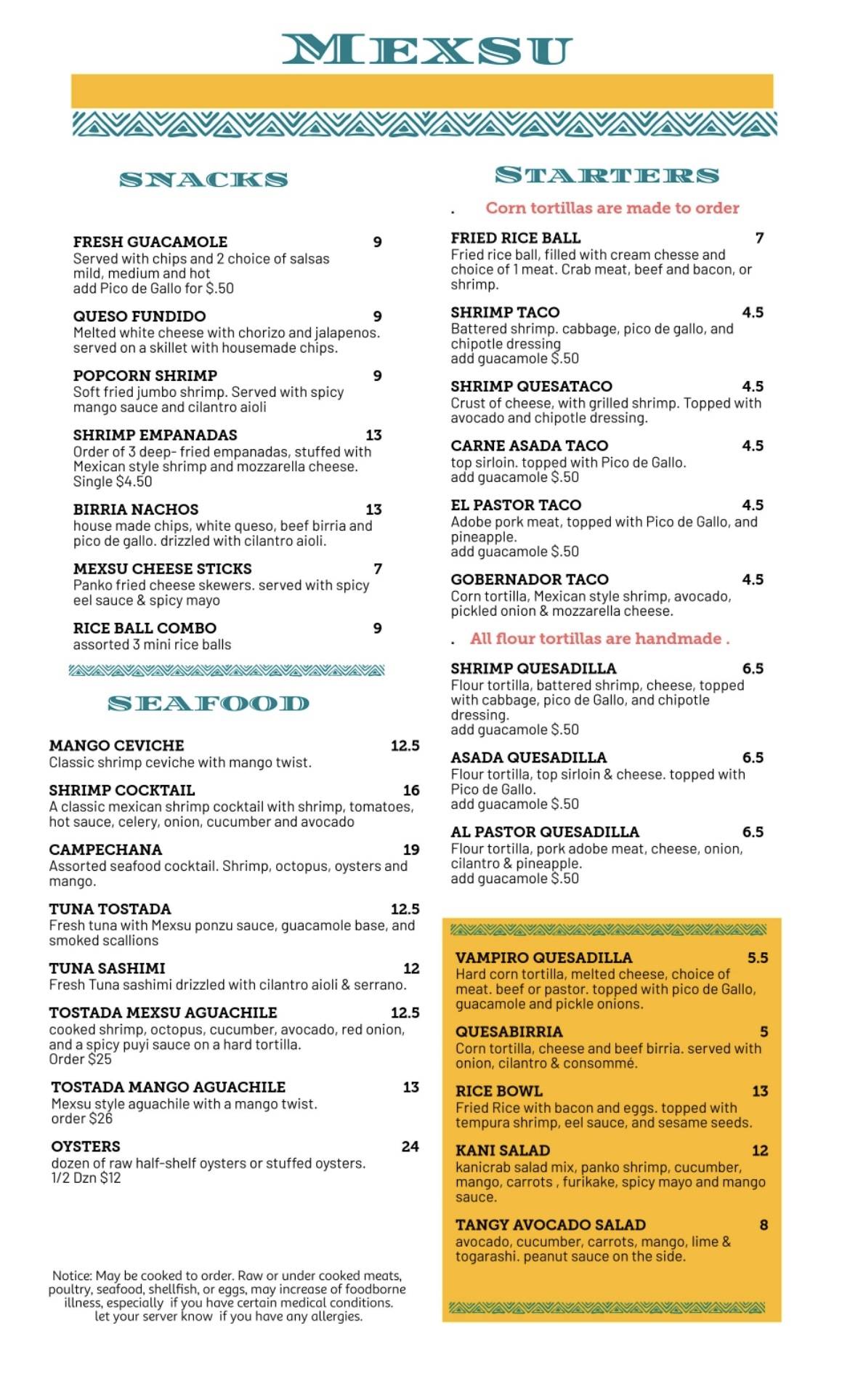 Menu at Mexsu restaurant, Yuma