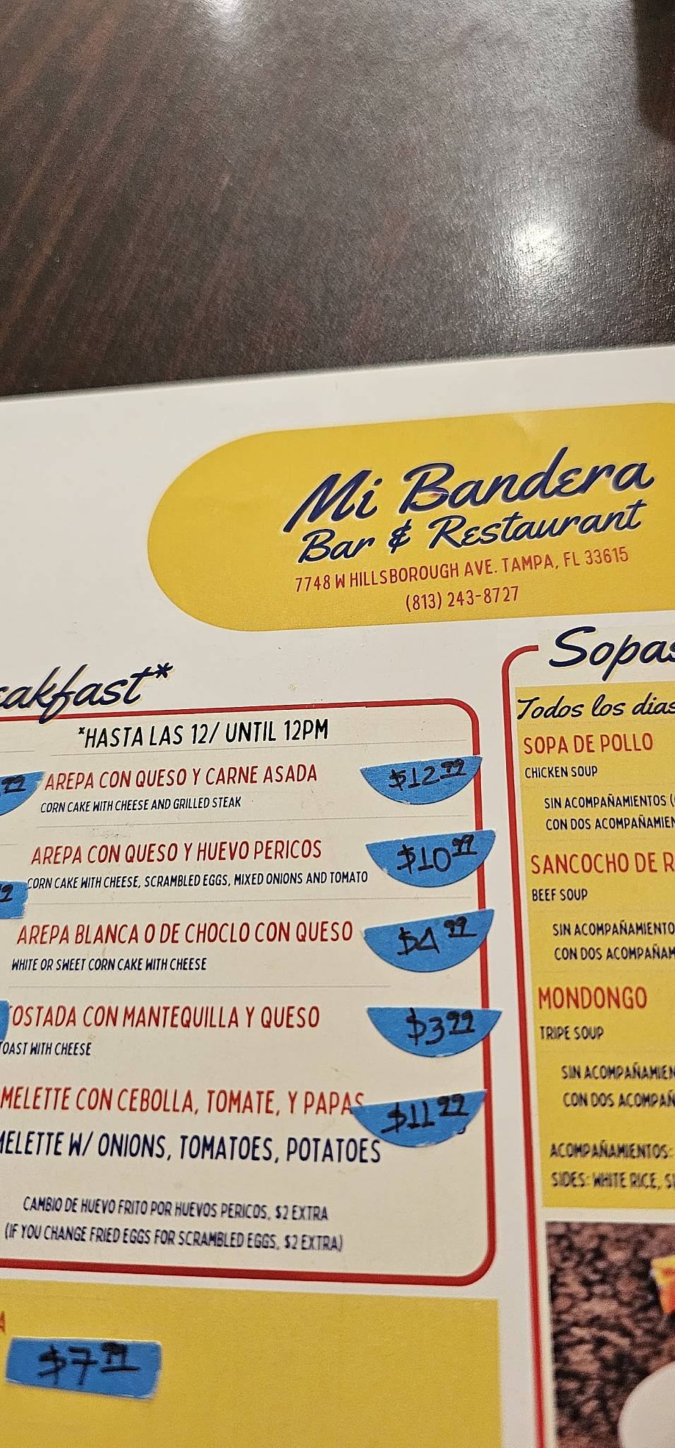 Carta del restaurante Mi Bandera, Tampa