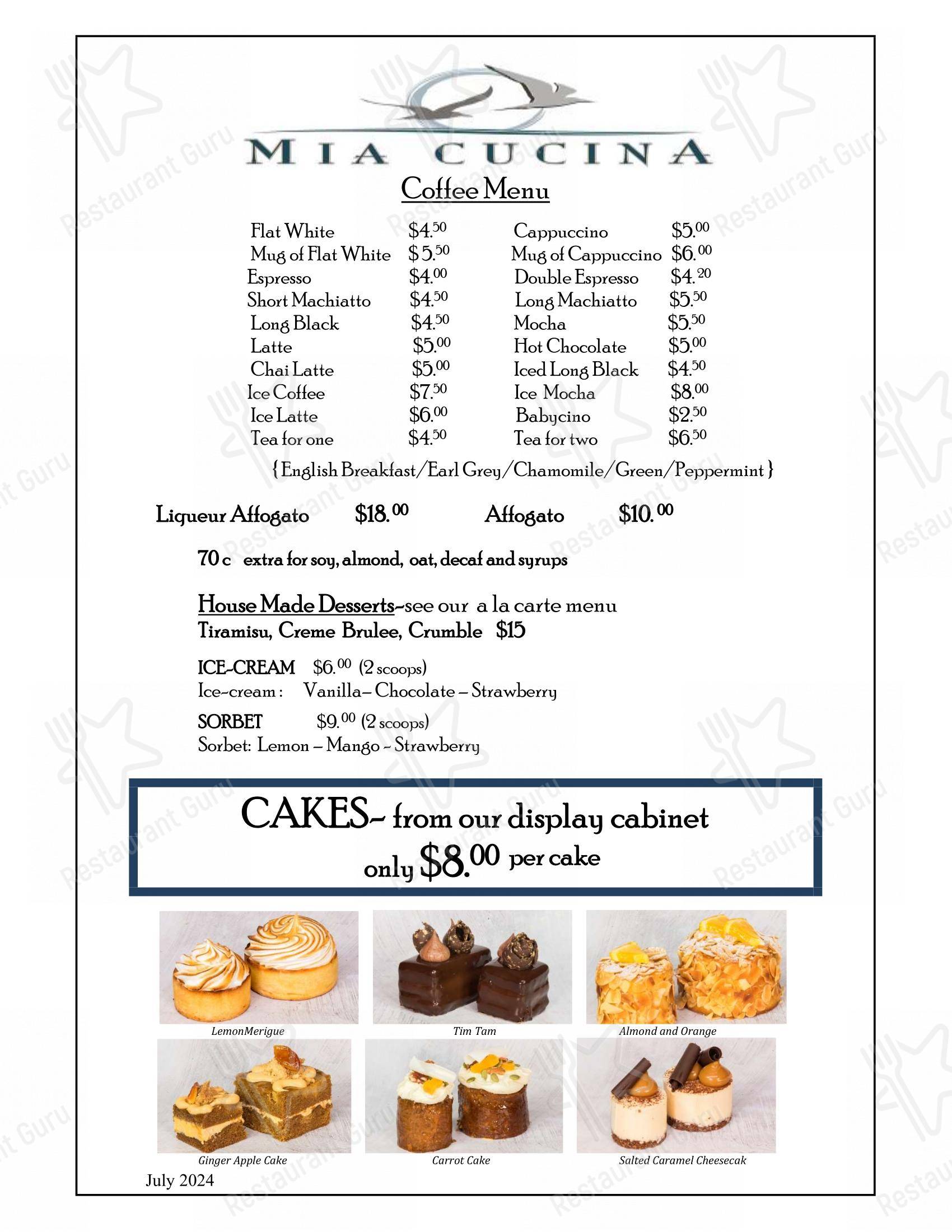 Menu at Mia Cucina Italian Cafe, Hillarys
