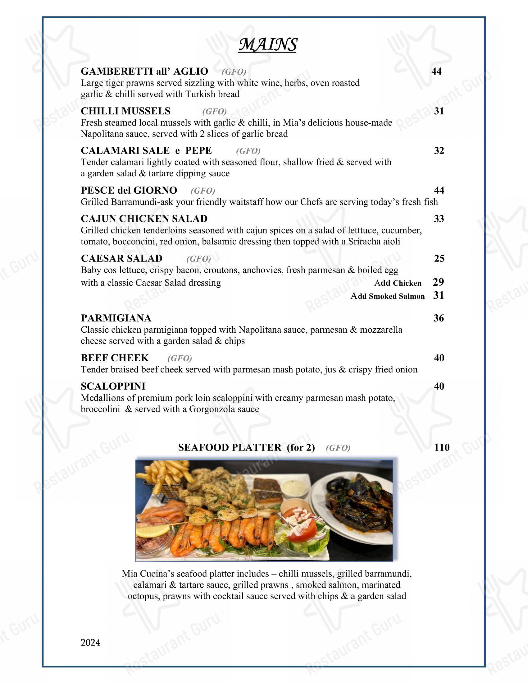 Menu at Mia Cucina Italian Cafe, Hillarys