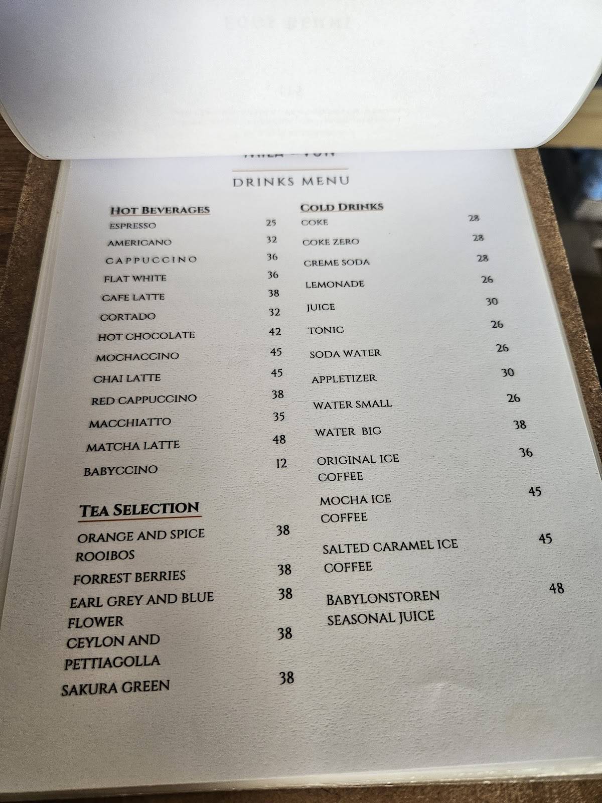 Menu at Mila & Von restaurant, Cape Town