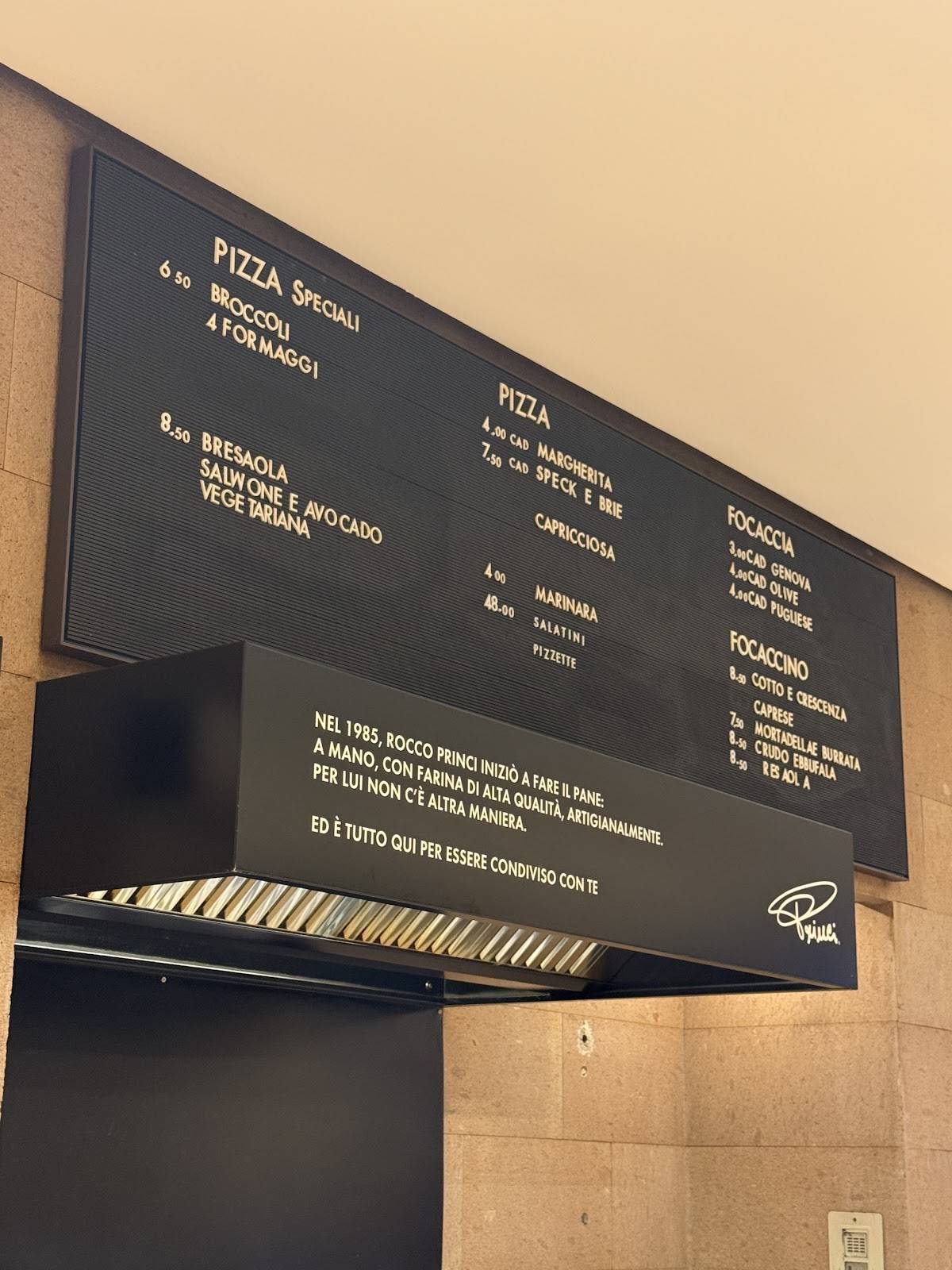 Menu at Princi cafeteria, Milan, Via Speronari