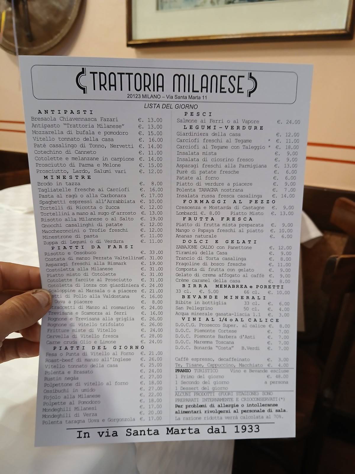 Menu at Trattoria Milanese cafe, Milan, Via Santa Marta