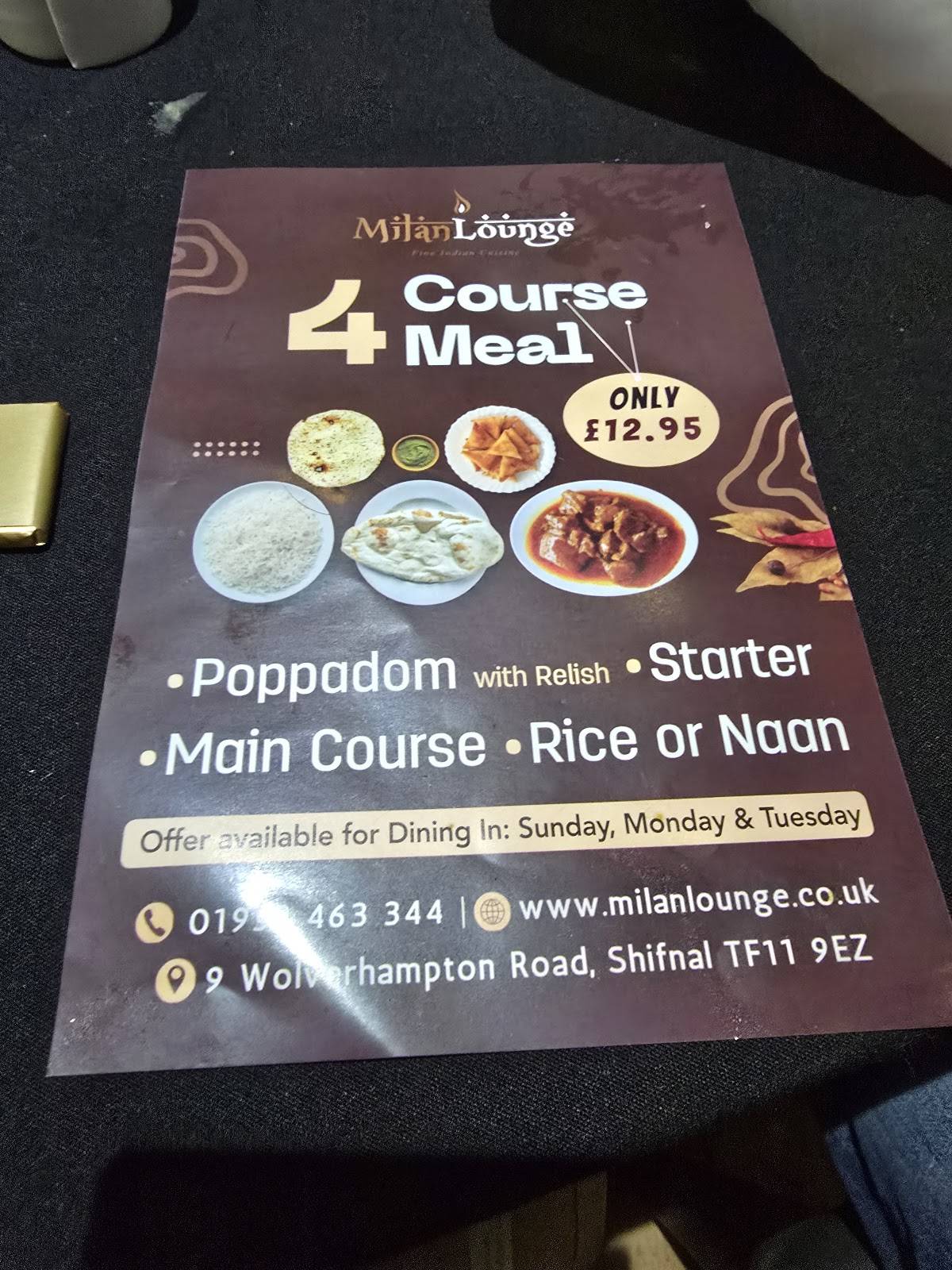 Menu at Milan lounge restaurant, Shifnal, Wolverhampton Road