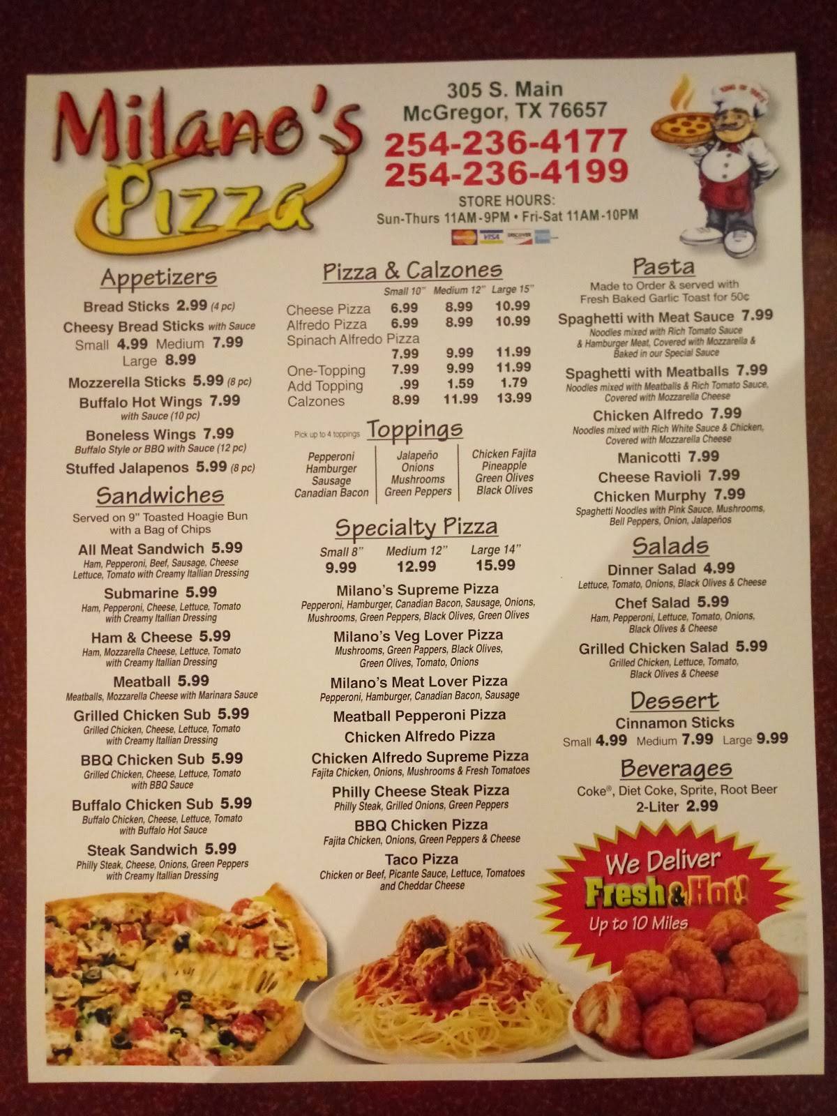 Menu at Milano's Pizza Mcgregor pizzeria, McGregor