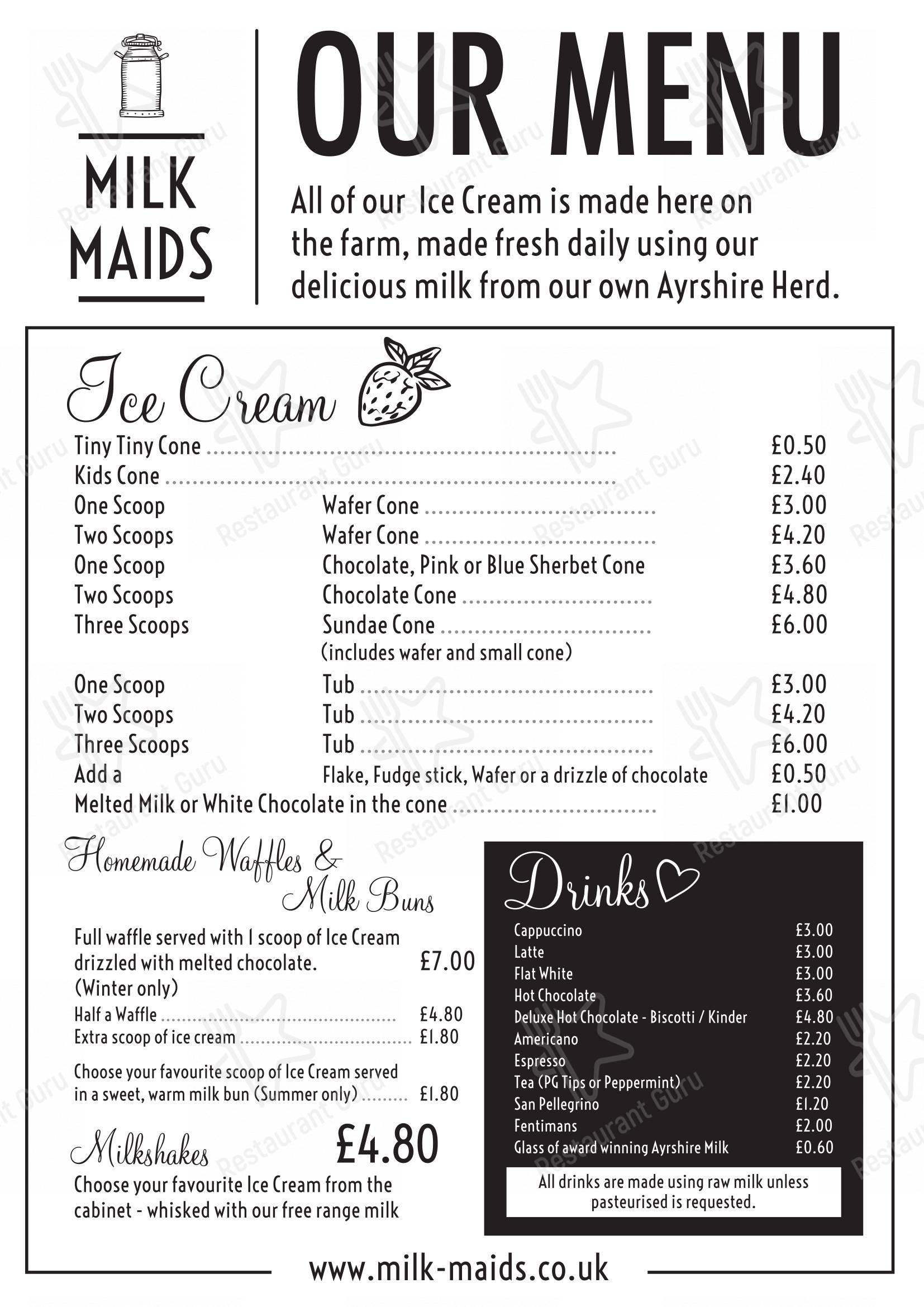 Menu at Milk Maids cafe, Bolton